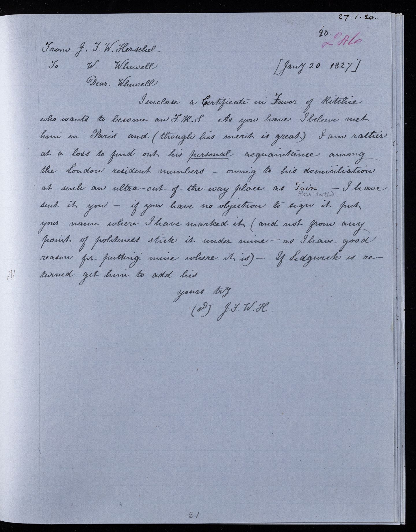 Copy letter, from Sir John Herschel to William Whewell 20] January | The Royal Society: Science ...