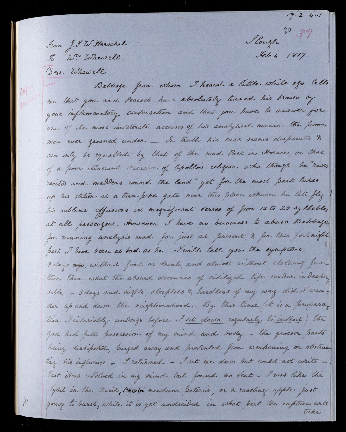 Copy letter, from Sir John Herschel to William Whewell, dated at Slough | The Royal Society ...