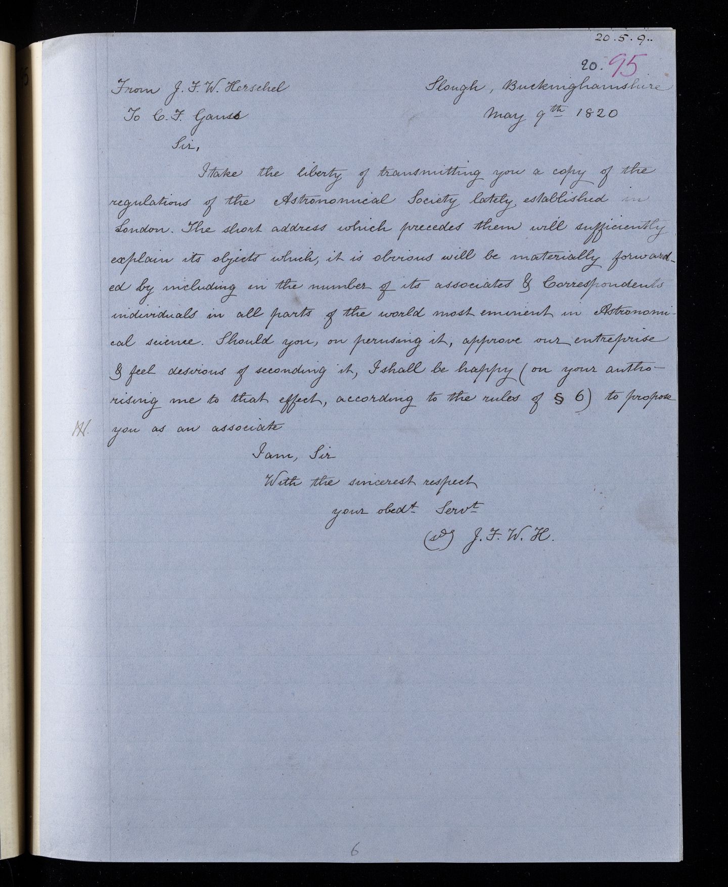 Copy letter, from Sir John Herschel to Carl Friedrich Gauss, dated at Slough | The Royal Society ...