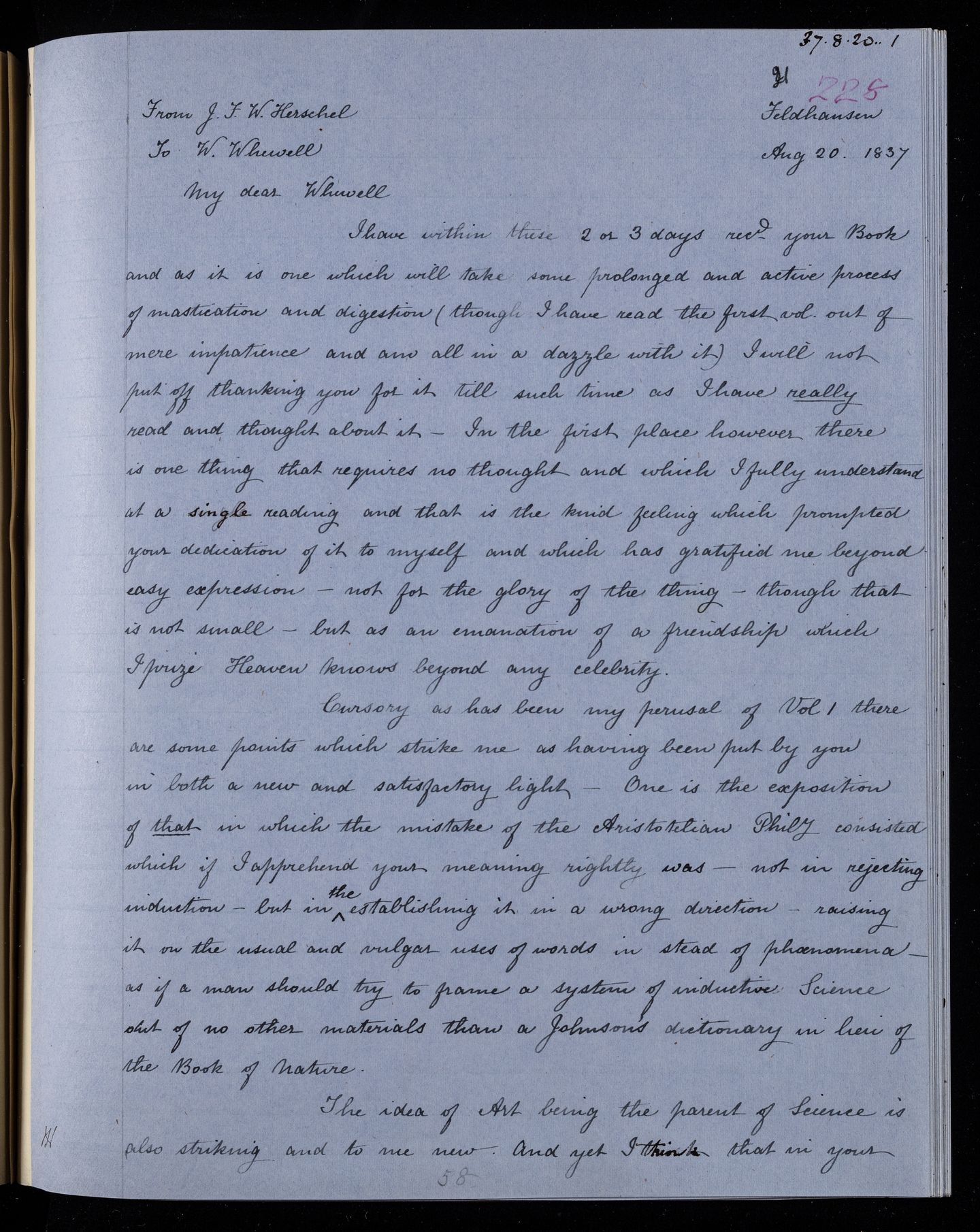Copy letter, from Sir John Herschel to William Whewell, dated at Feldhausen | The Royal Society ...