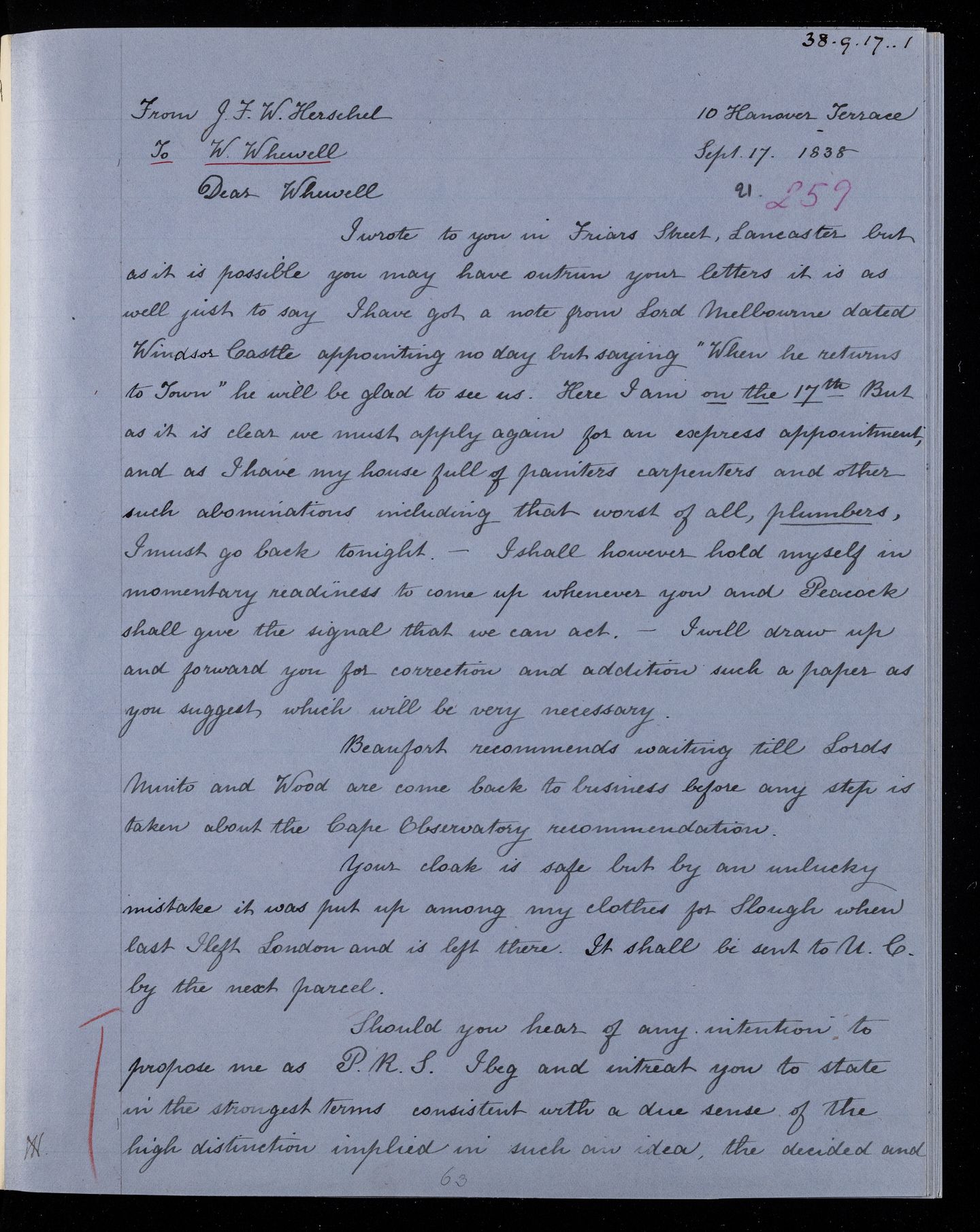 Copy letter, from Sir John Herschel to William Whewell, dated at 10 Hanover Terrace | The Royal ...