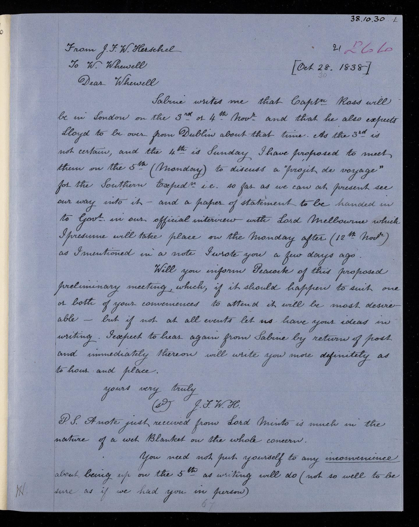 Copy letter, from Sir John Herschel to William Whewell | The Royal Society: Science in the Making