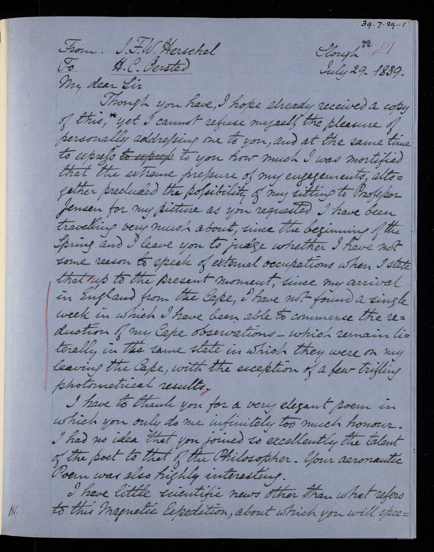 Copy letter, from Sir John Herschel to Hans Christian Oersted, dated at Slough | The Royal ...