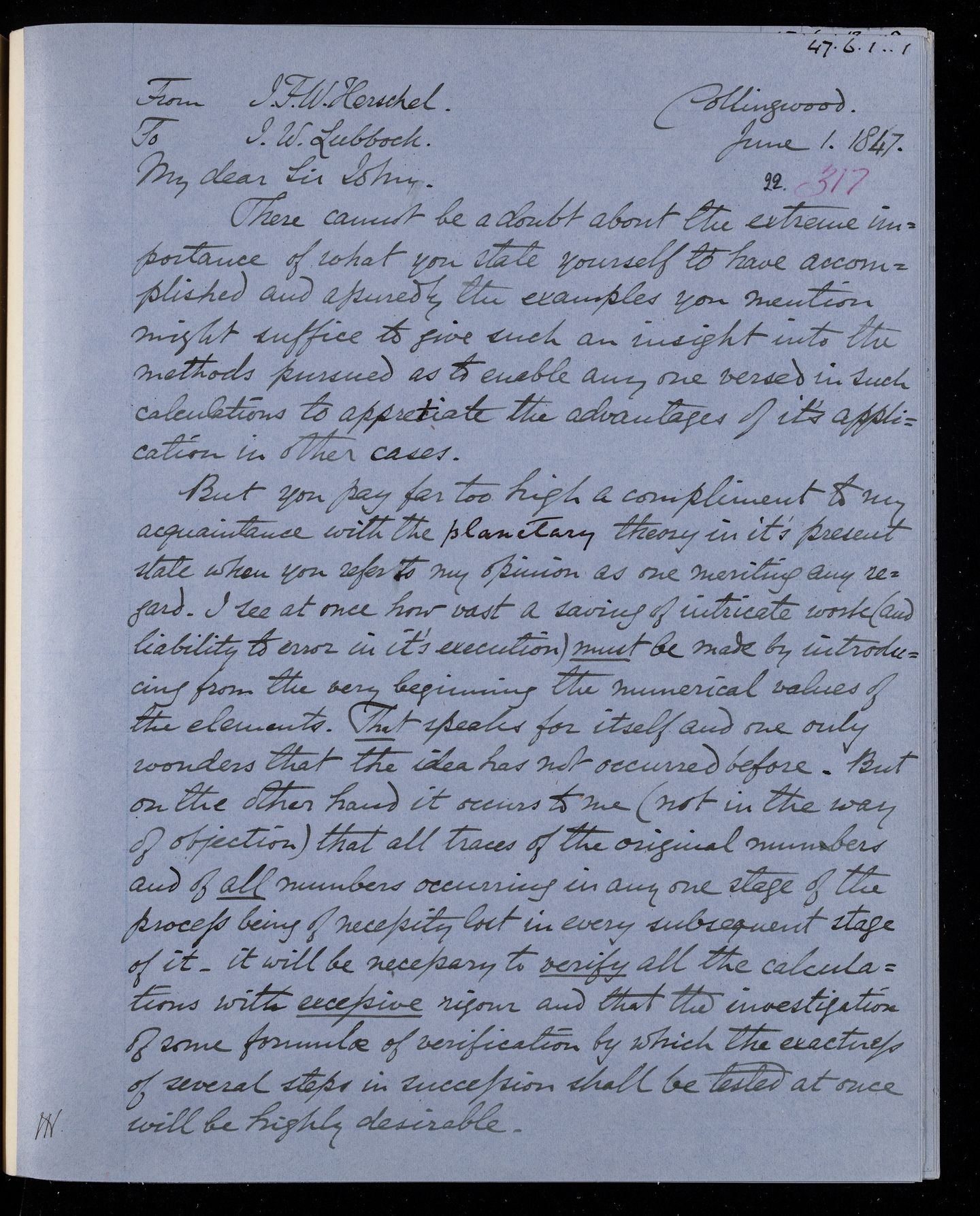 Copy letter, from Sir John Herschel to John William Lubbock, dated at Collingwood | The Royal ...