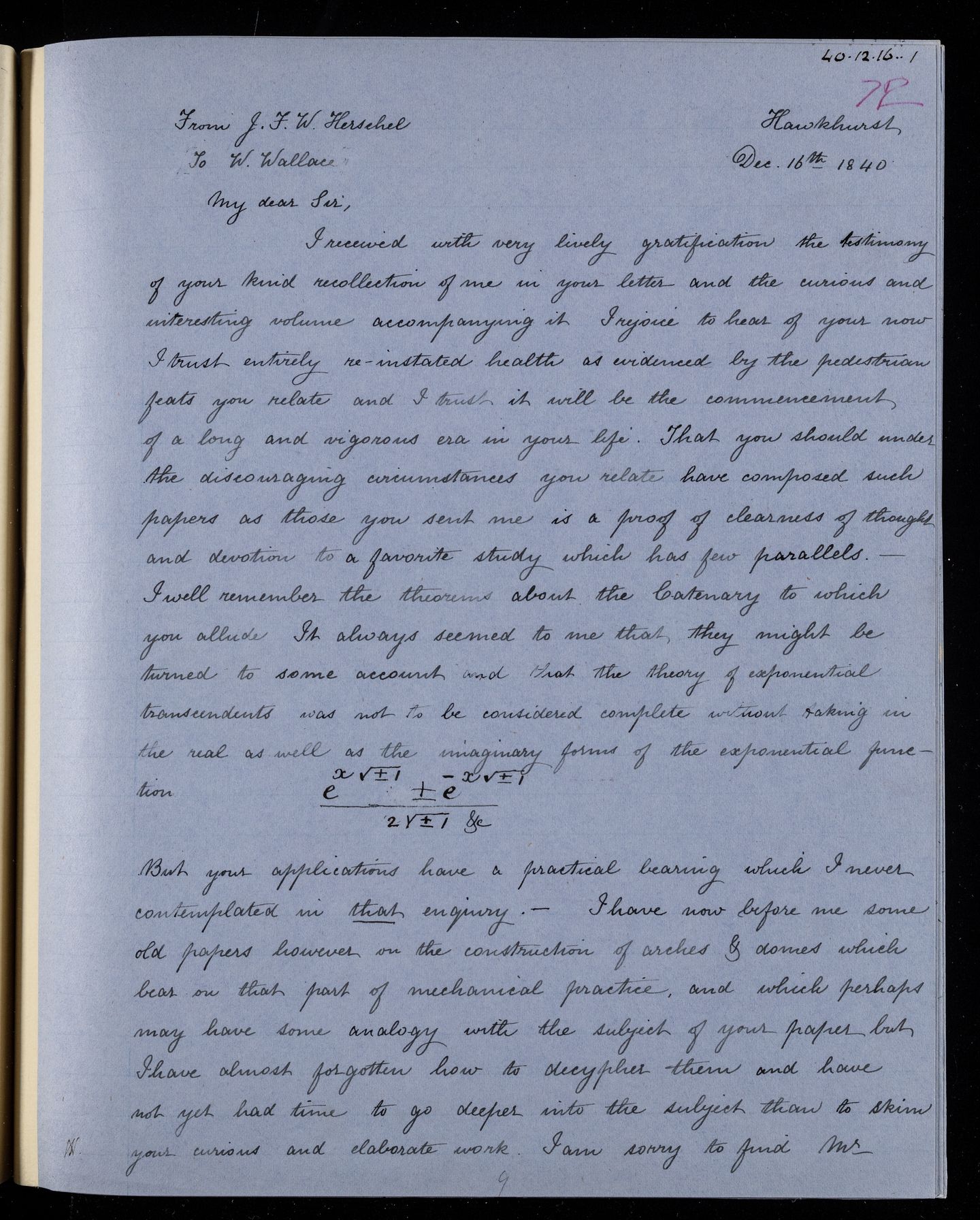 Copy letter, from Sir John Herschel to William Wallace, dated at Collingwood | The Royal Society ...