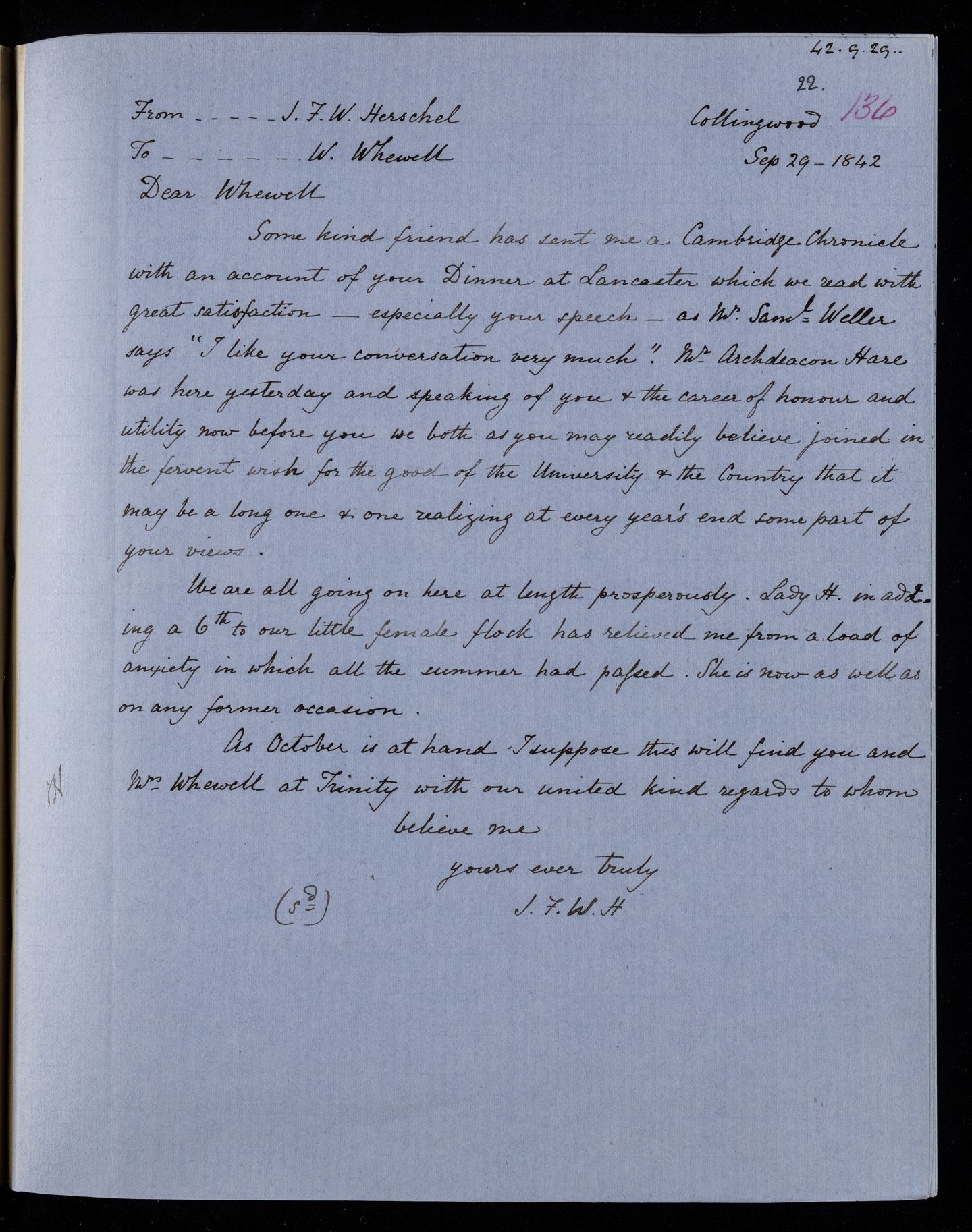 Copy letter, from Sir John Herschel to William Whewell, dated at Collingwood | The Royal Society ...