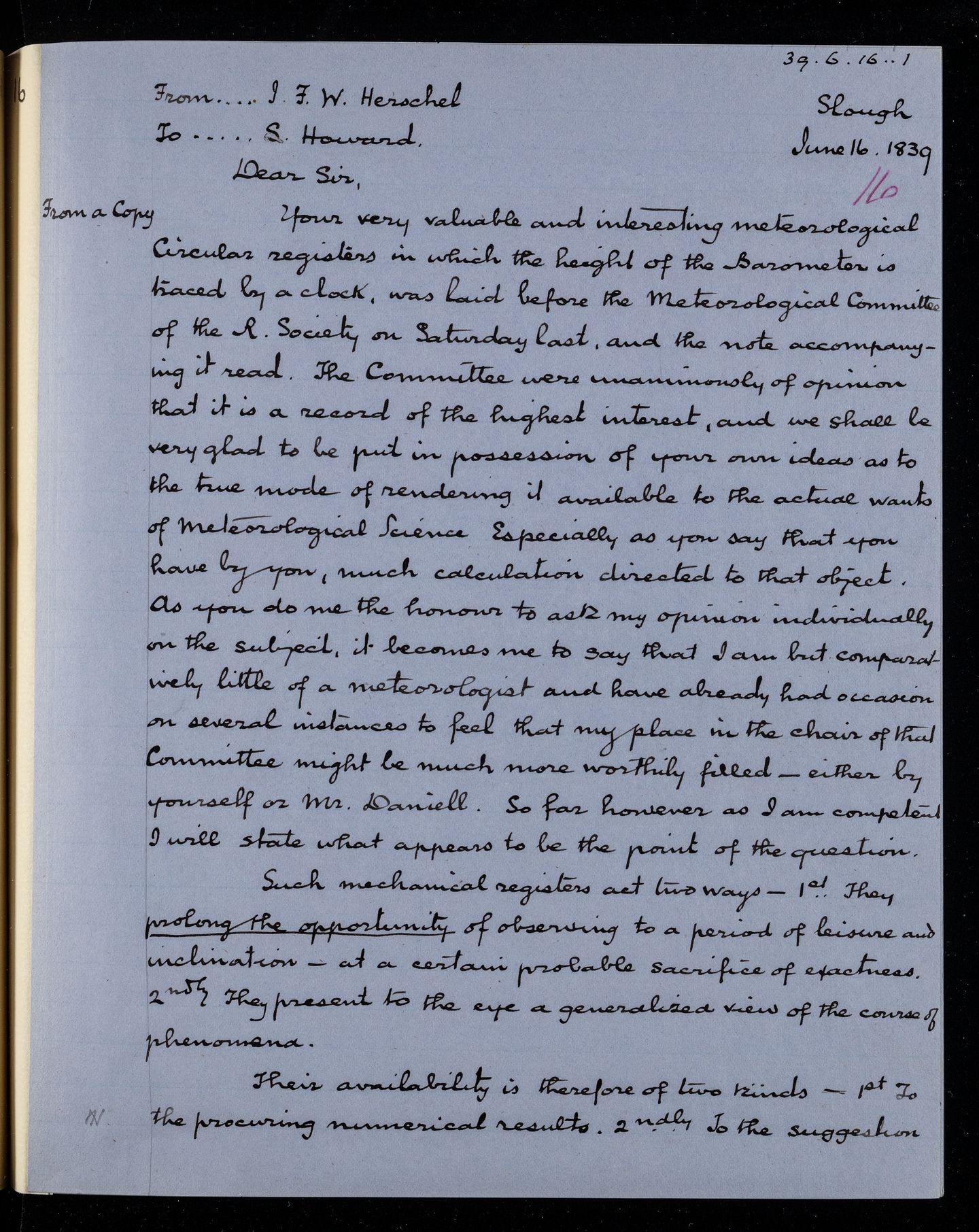 Copy letter, from Sir John Herschel to Luke Howard, dated at Slough | The Royal Society: Science ...