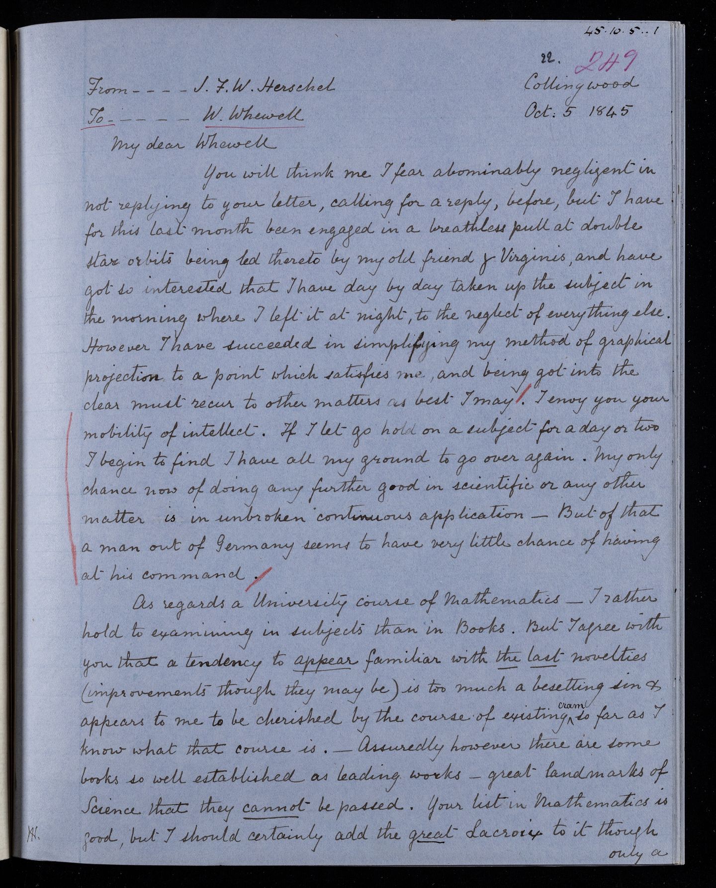 Copy letter, from Sir John Herschel to William Whewell, dated at Collingwood | The Royal Society ...