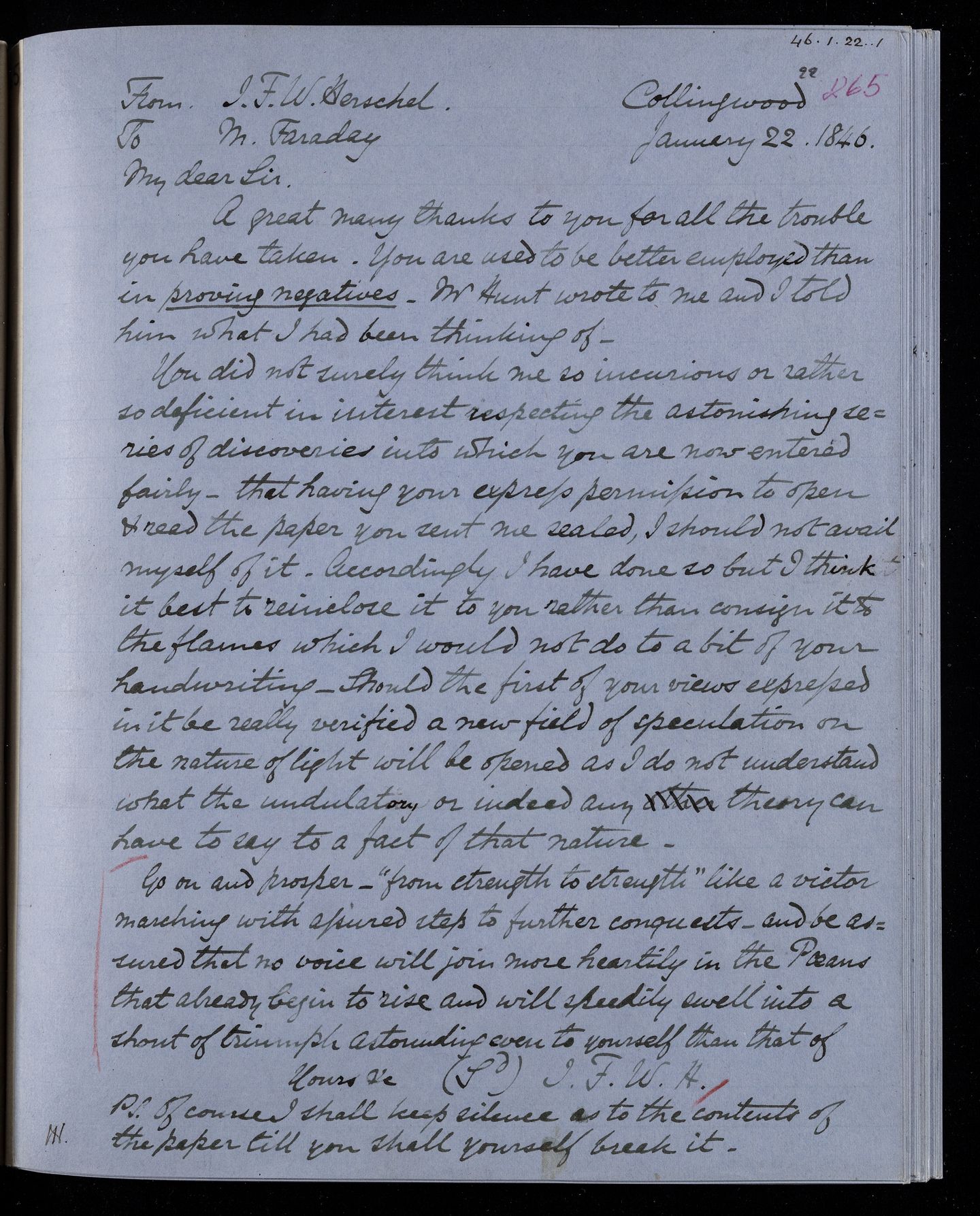 Copy letter, from Sir John Herschel to Michael Faraday, dated at Collingwood | The Royal Society ...