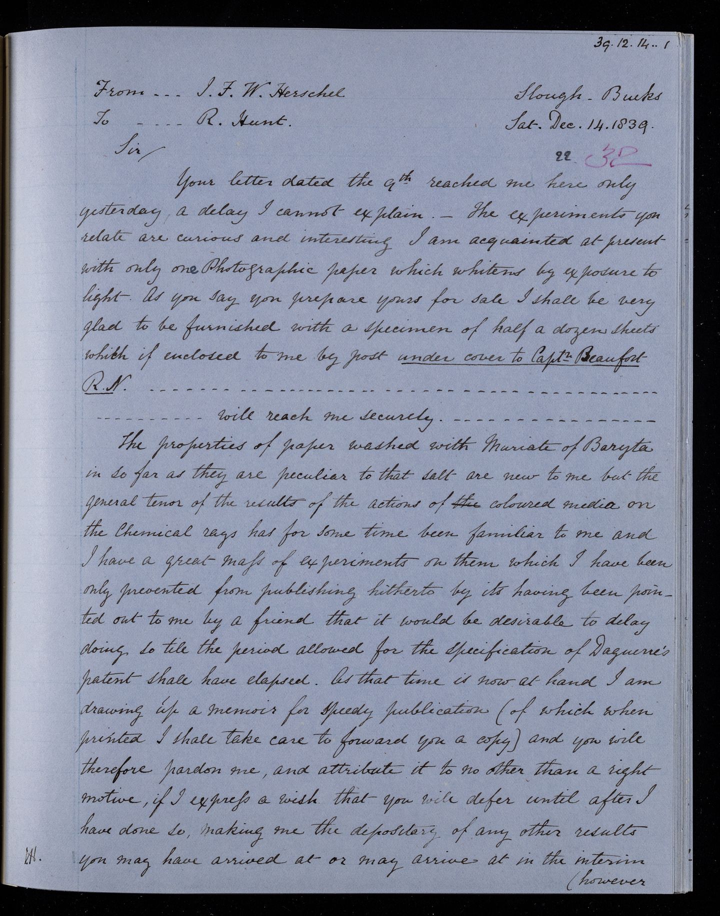 Copy letter, from Sir John Herschel to Robert Hunt, dated at Slough | The Royal Society: Science ...
