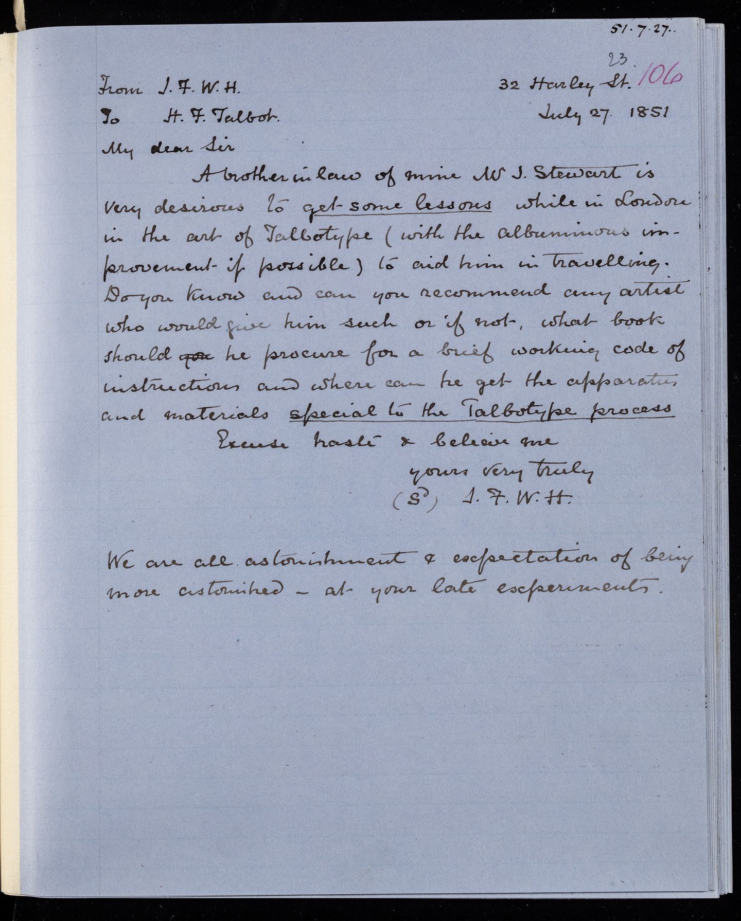 Copy letter, from Sir John Herschel to William Henry Fox Talbot, dated at 32 Harley St. | The ...