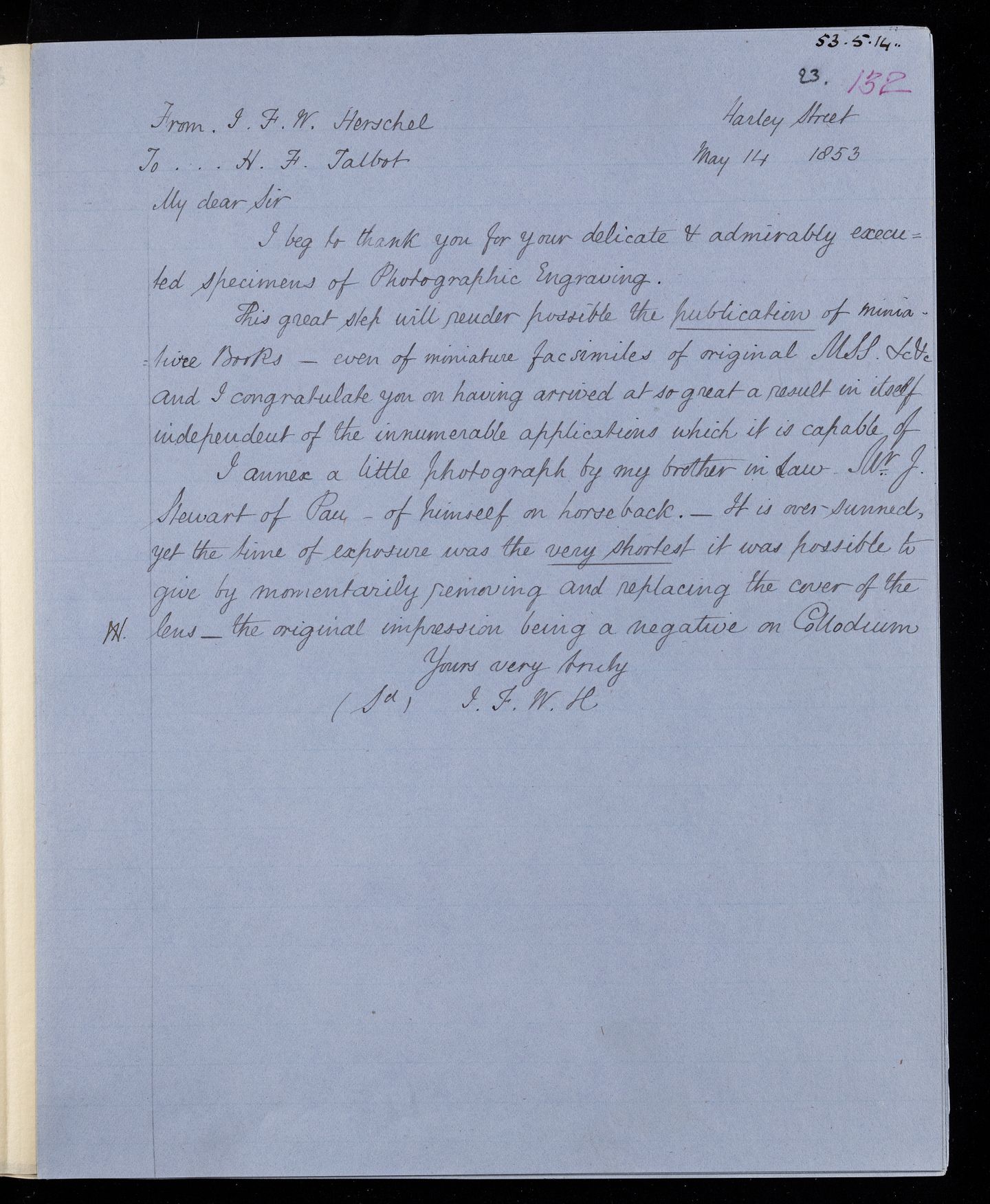 Copy letter, from Sir John Herschel to William Henry Fox Talbot, dated at 32 Harley St. | The ...