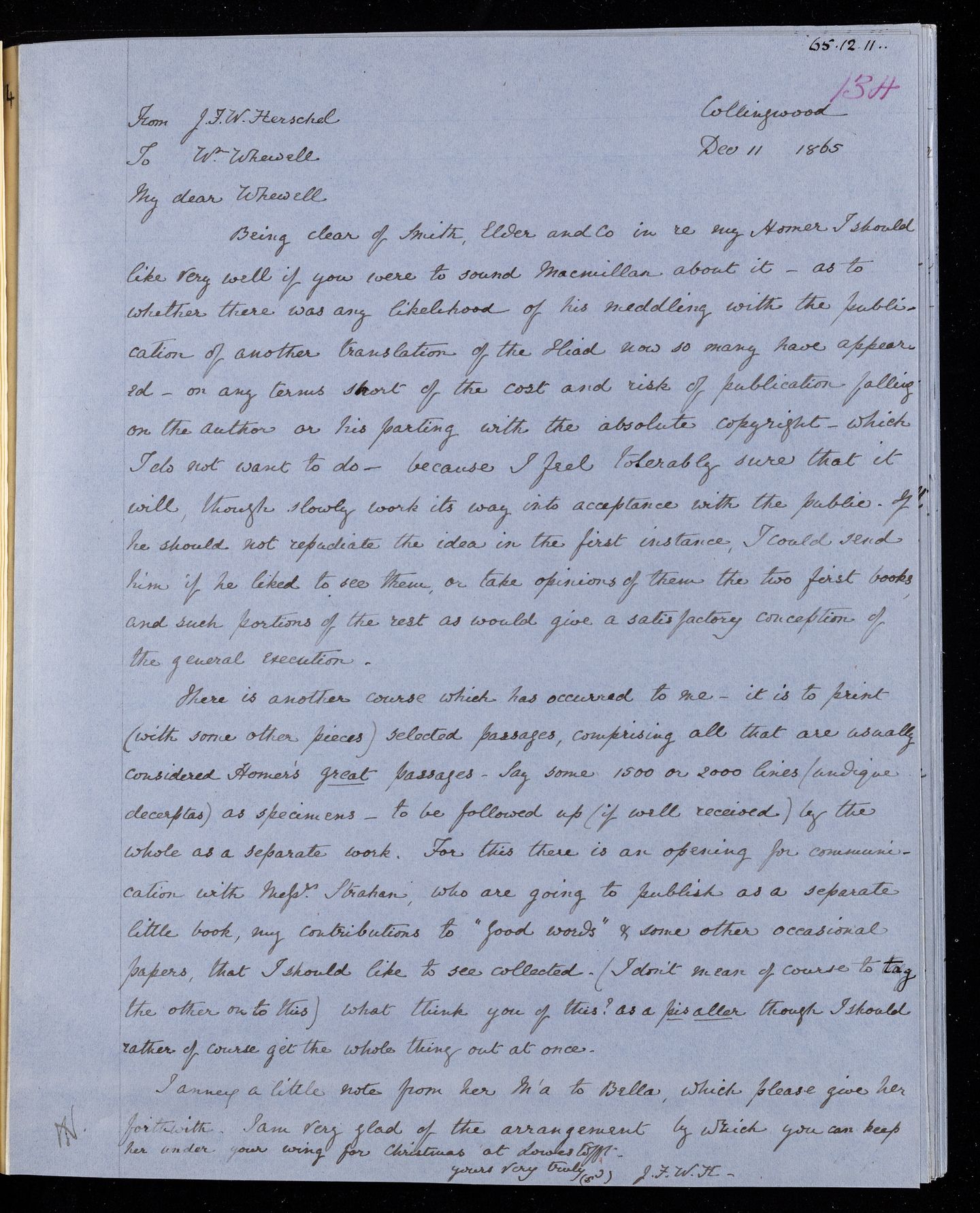 Copy letter, from Sir John Herschel to William Whewell, dated at Collingwood | The Royal Society ...