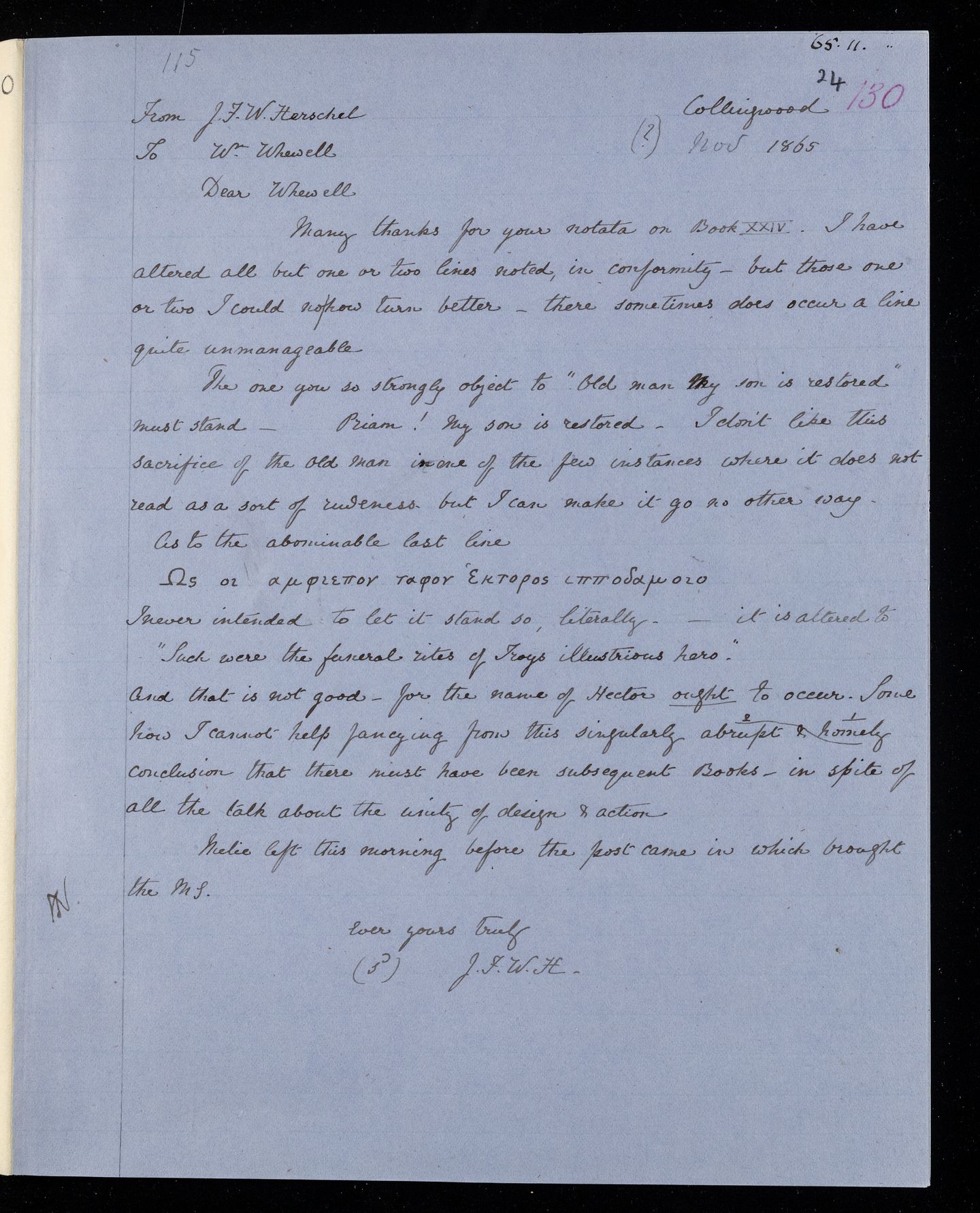 Copy letter, from Sir John Herschel to William Whewell, dated at Collingwood | The Royal Society ...