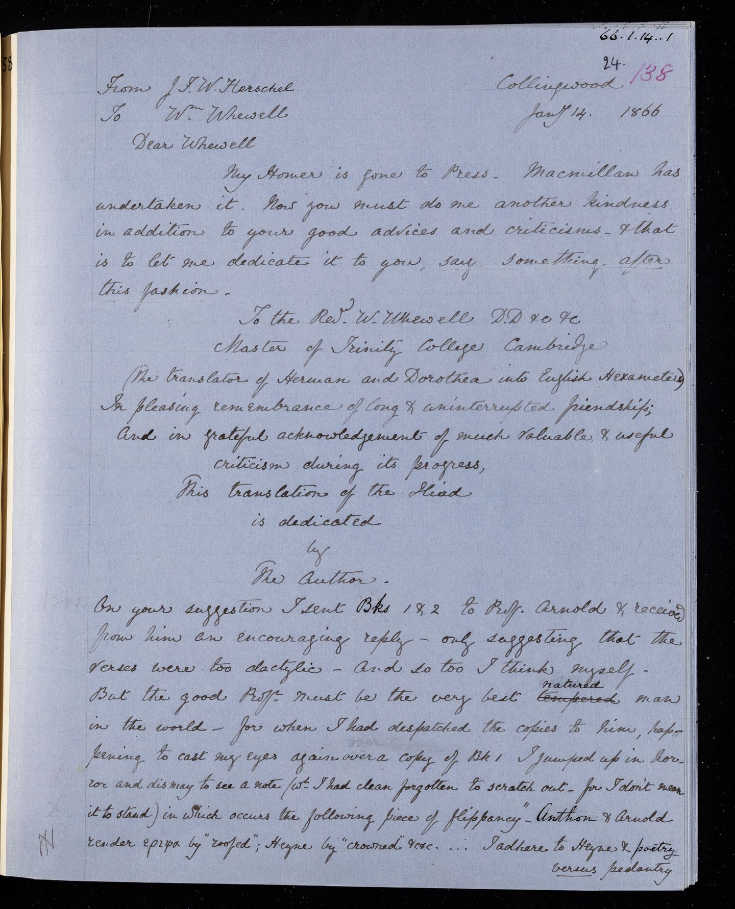 Copy letter, from Sir John Herschel to William Whewell, dated at Collingwood | The Royal Society ...