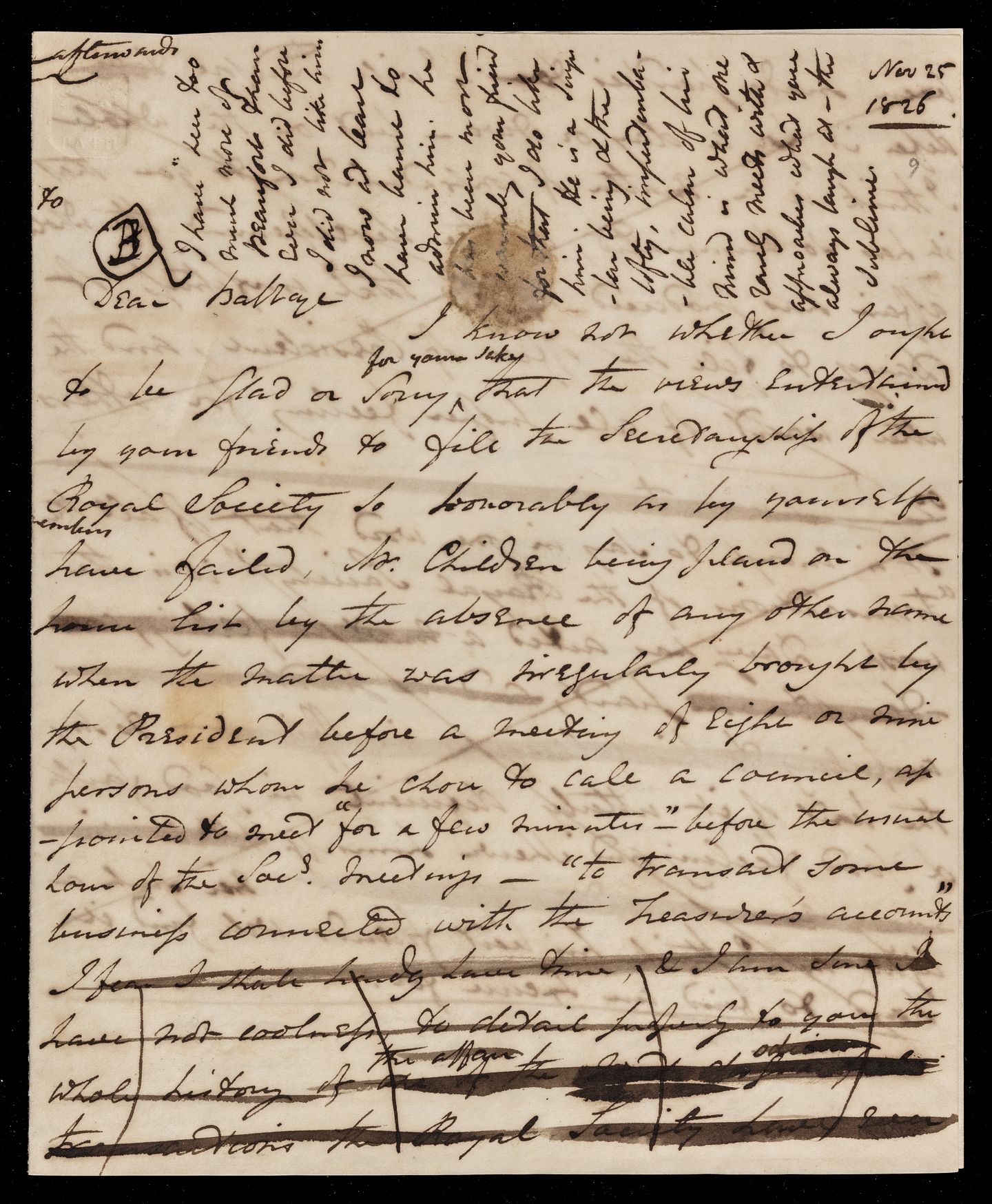 Draft letter, from Sir John Herschel to Charles Babbage, dated at ...