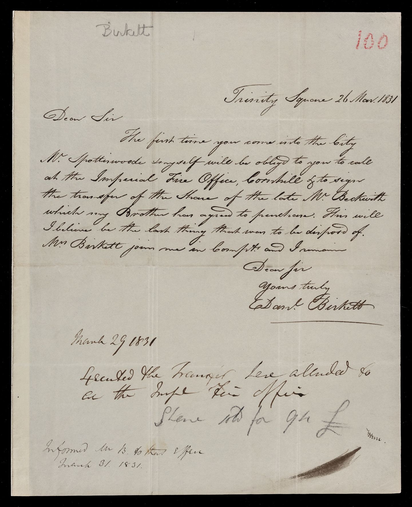 Letter, from Daniel Birkett to Sir John Herschel, dated at Trinity Square | The Royal Society ...