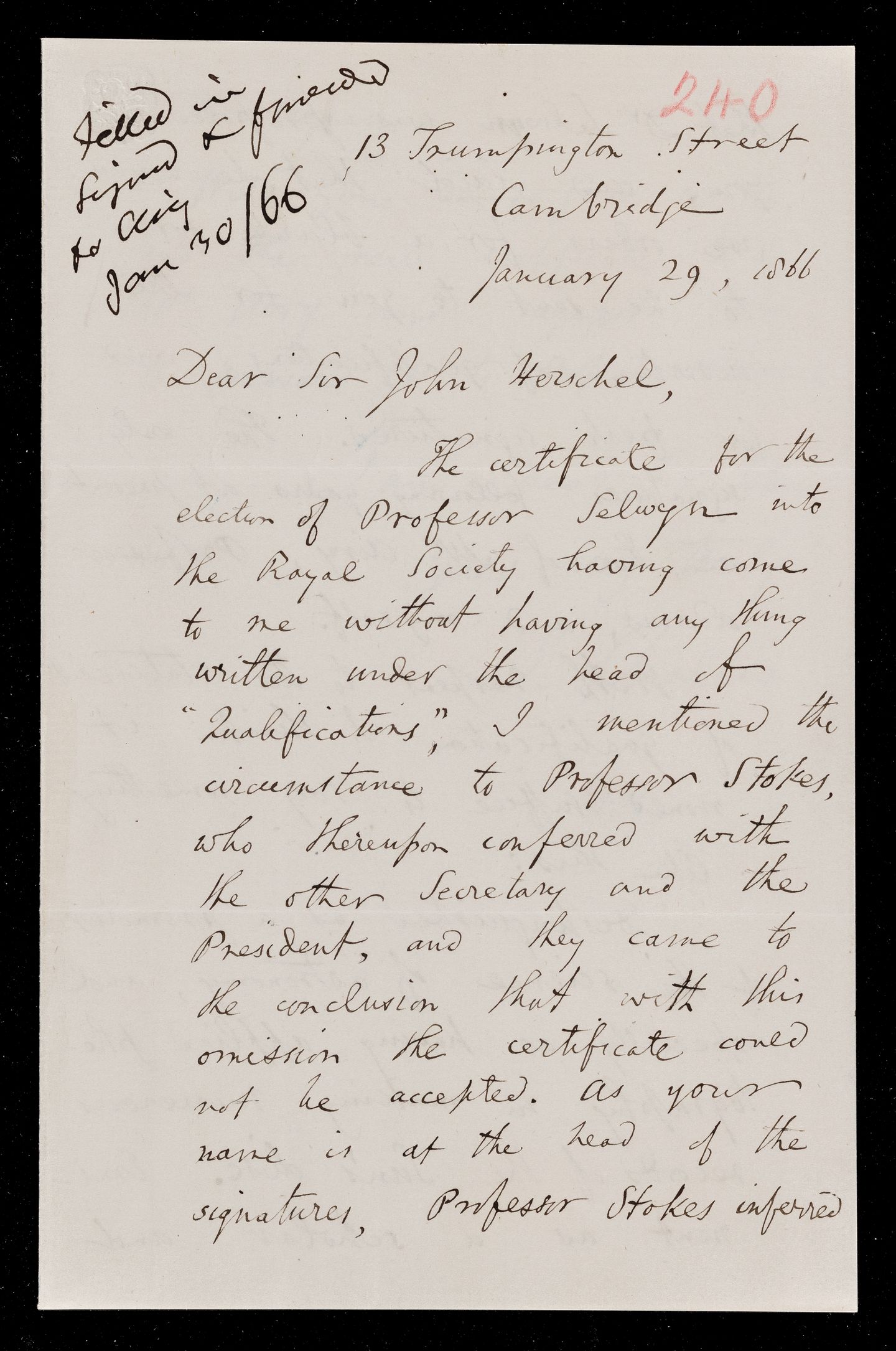 Letter, from James Challis to Sir John Herschel, dated at Cambridge ...