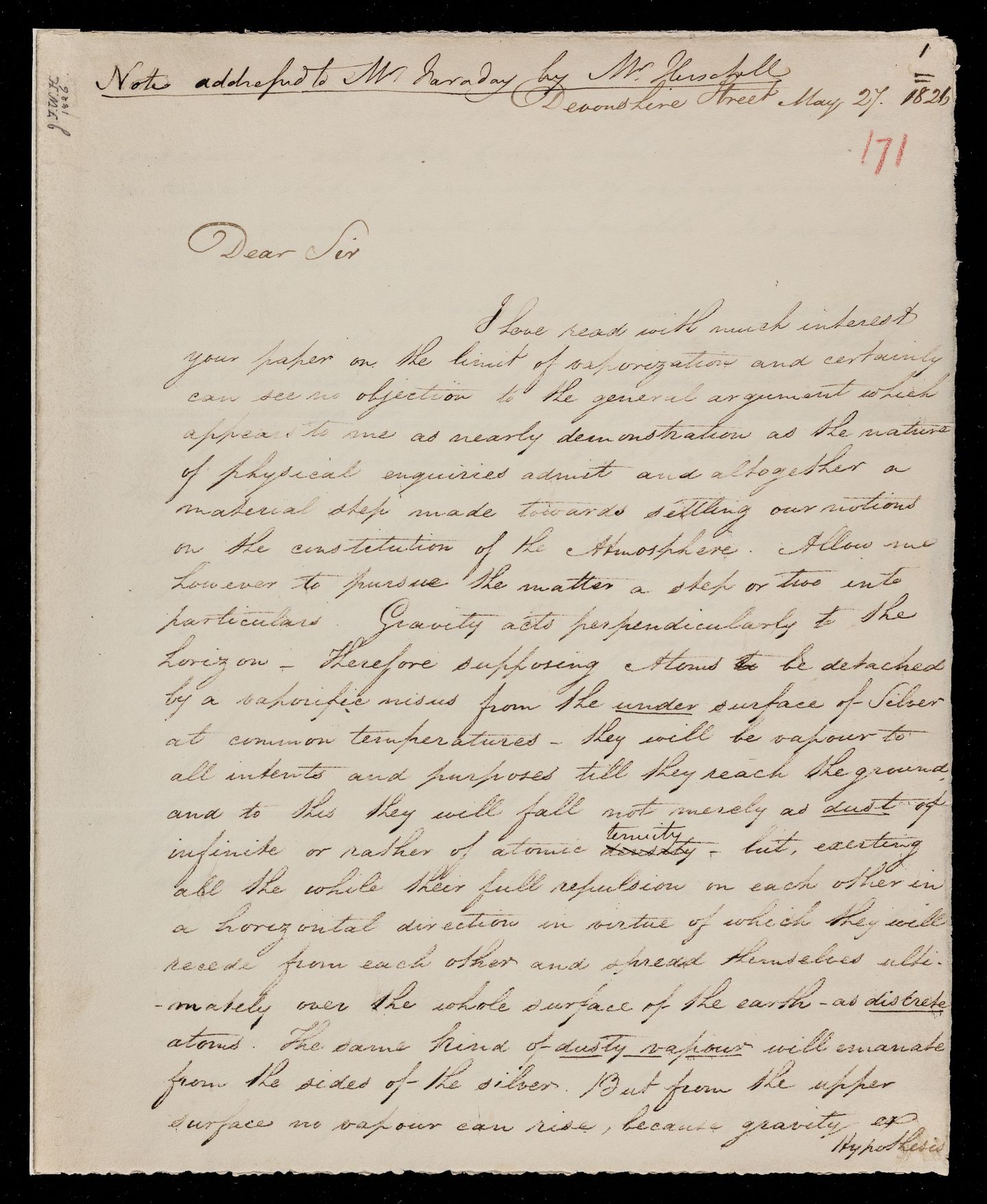 Copy letter, from Sir John Herschel to Michael Faraday, dated at Devonshire St. | The Royal ...