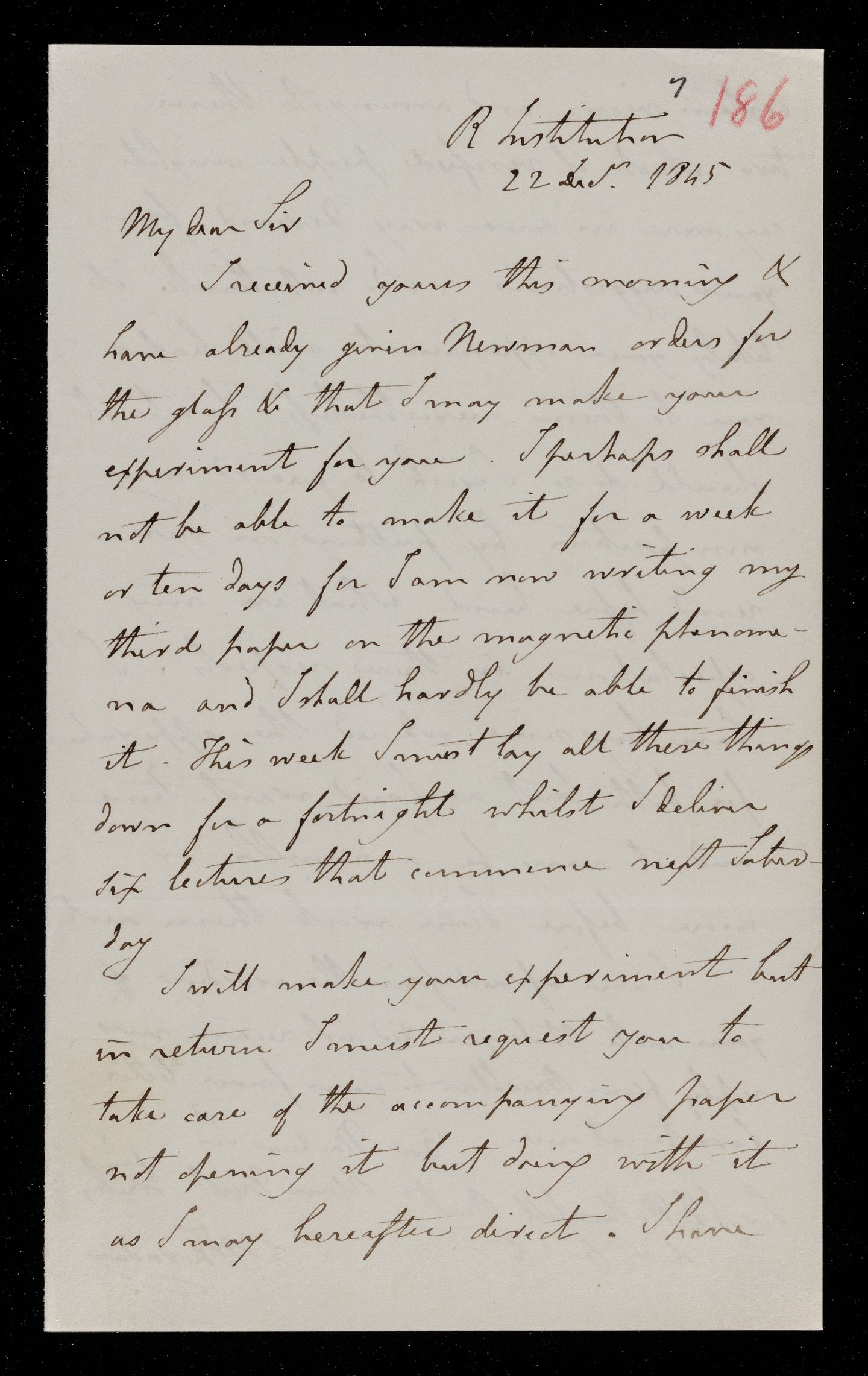 Letter, from Michael Faraday to Sir John Herschel, dated at Royal Institution | The Royal ...