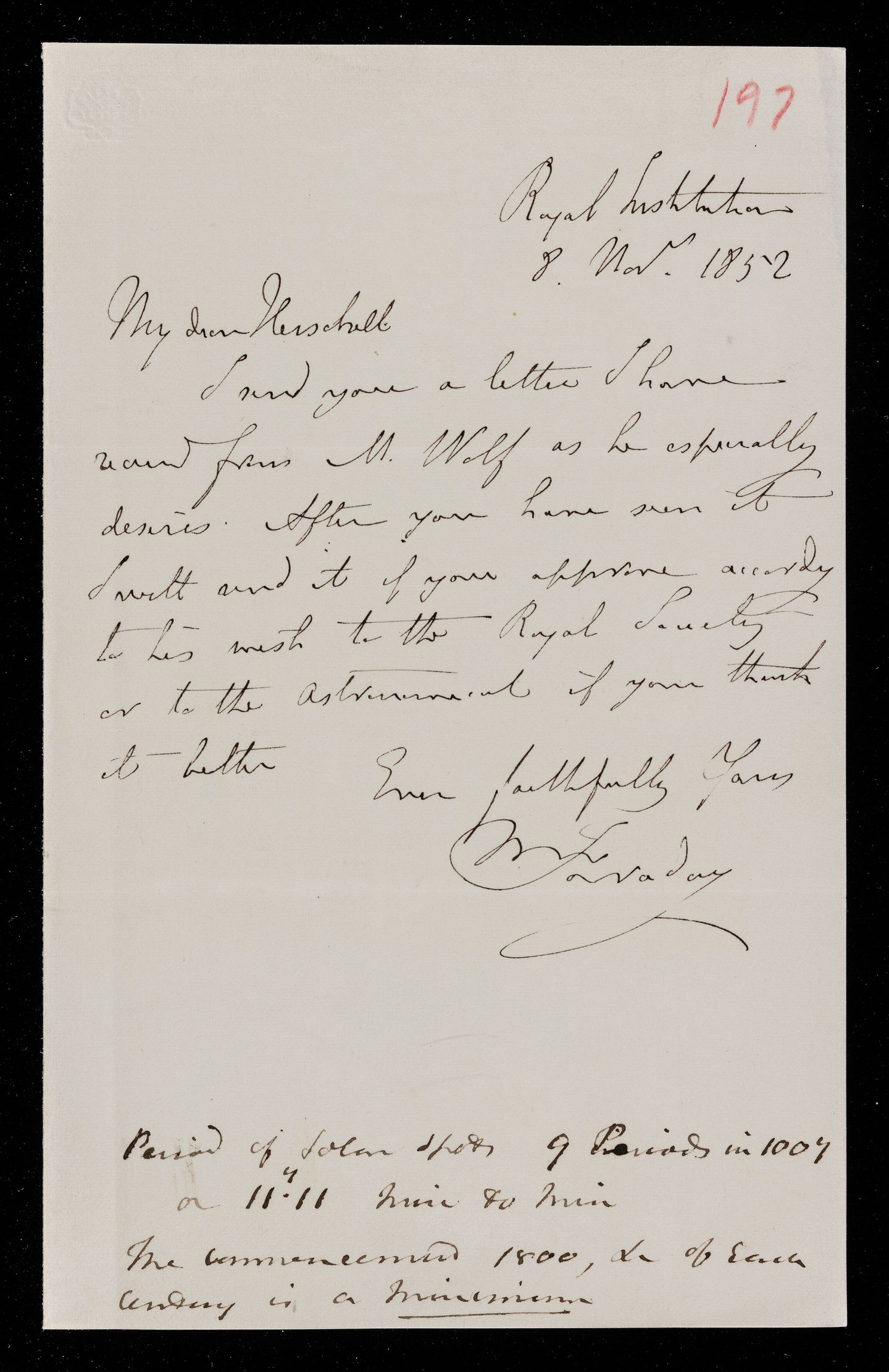 Letter, from Michael Faraday to Sir John Herschel, dated at Royal Institution | The Royal ...
