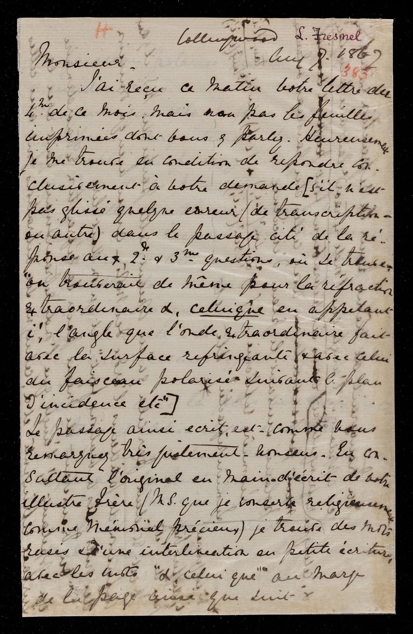 Letter, from Sir John Herschel to Leonor Fresnel, dated at Collingwood ...