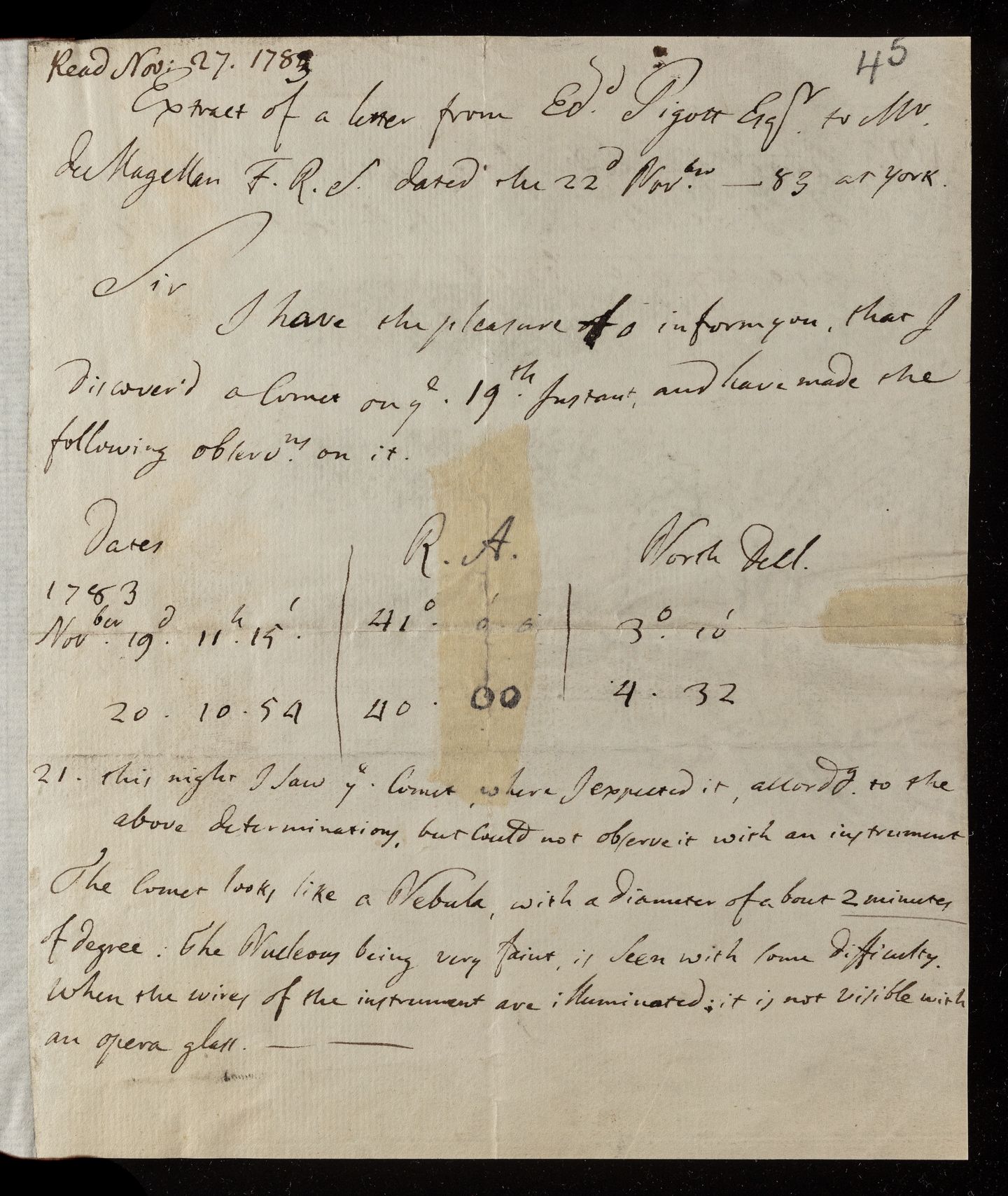 Letter, 'On the discovery of a comet' from Edward Pigott to John ...