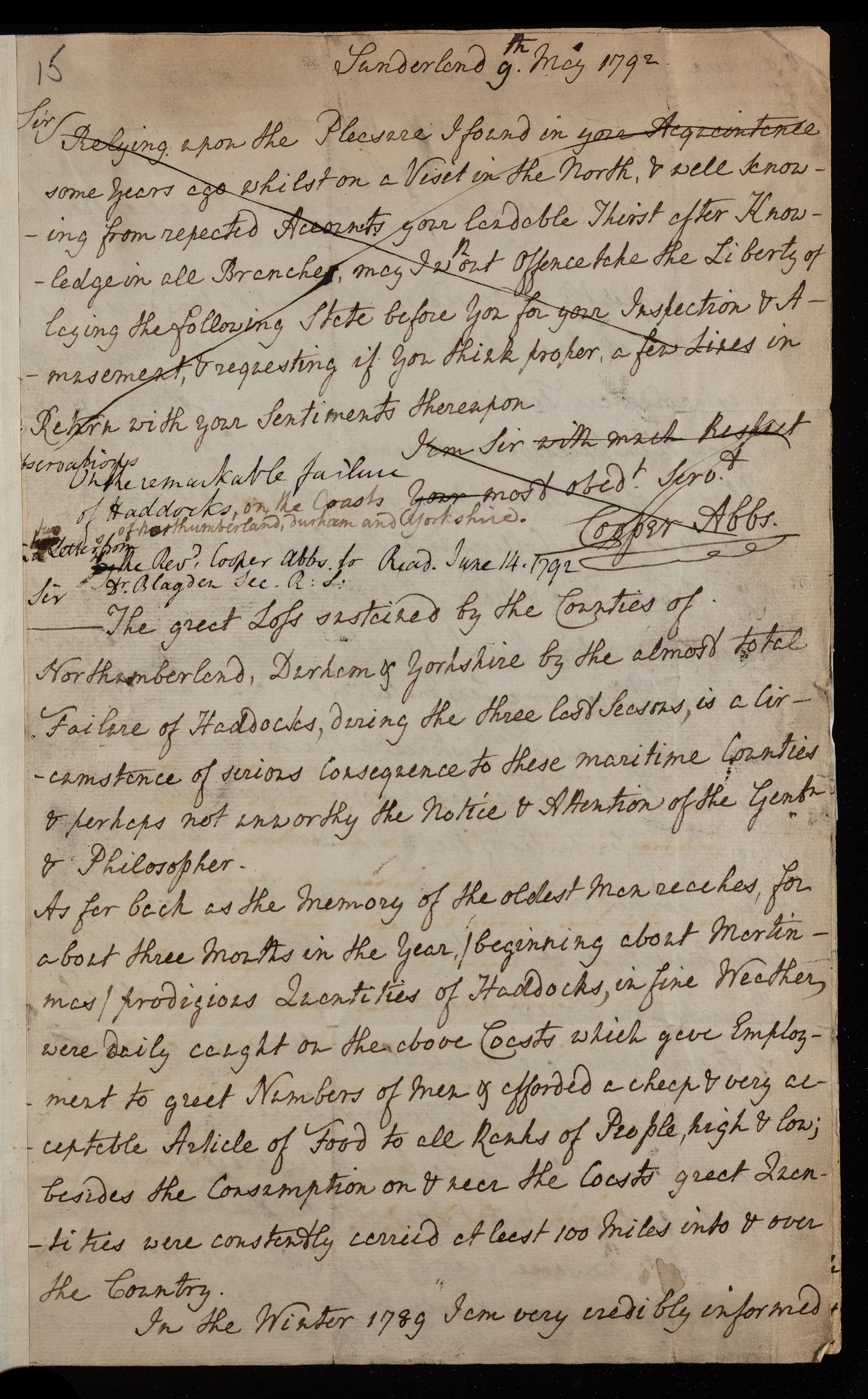 Letter, 'Remarkable failure of haddocks on the coasts of Northumberland ...