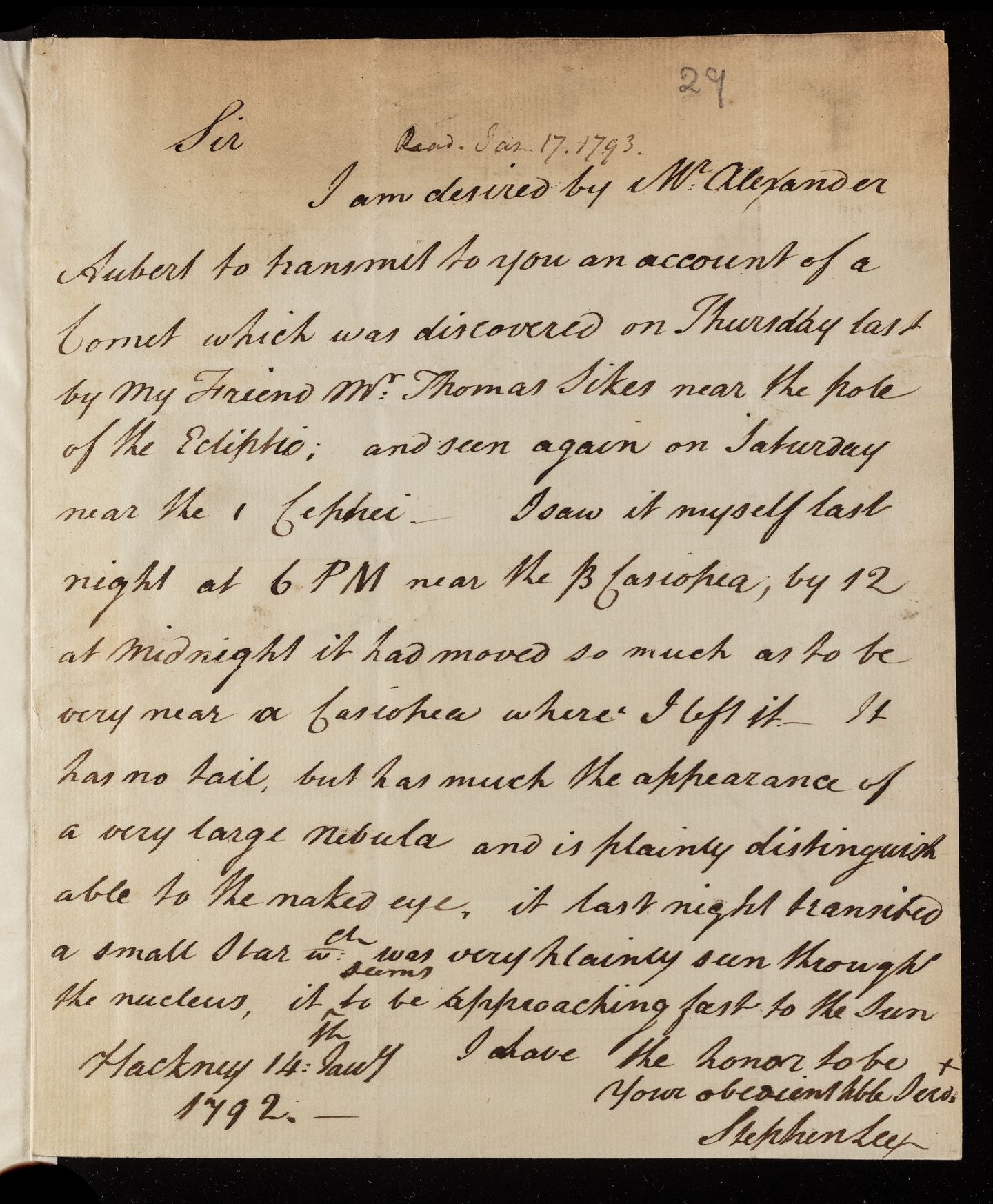 Letters, 'Accounts of a new comet' from Stephen Lees, Daniel Moore and ...