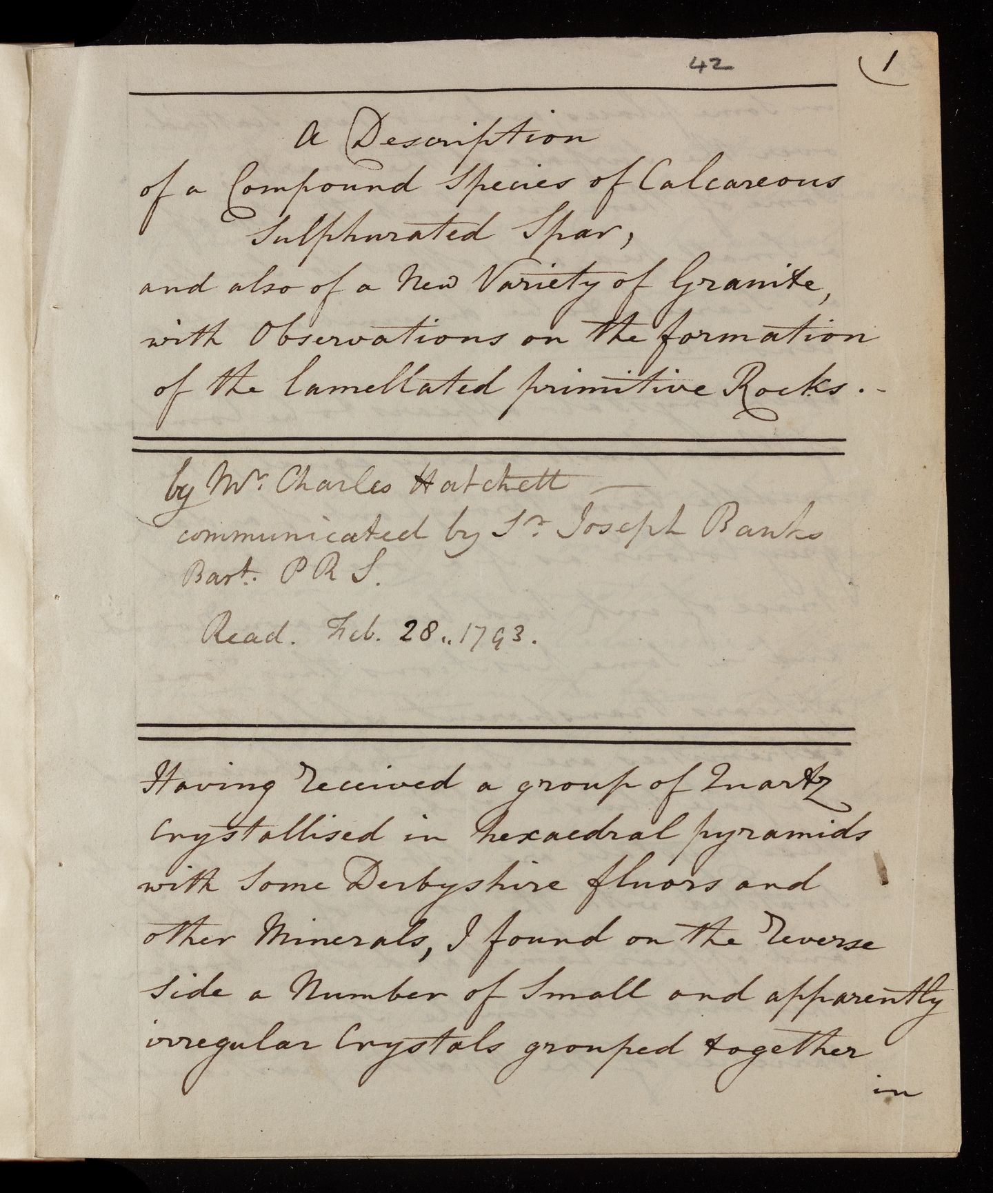 Paper, 'Description of a compound species of calcareous sulphurated ...