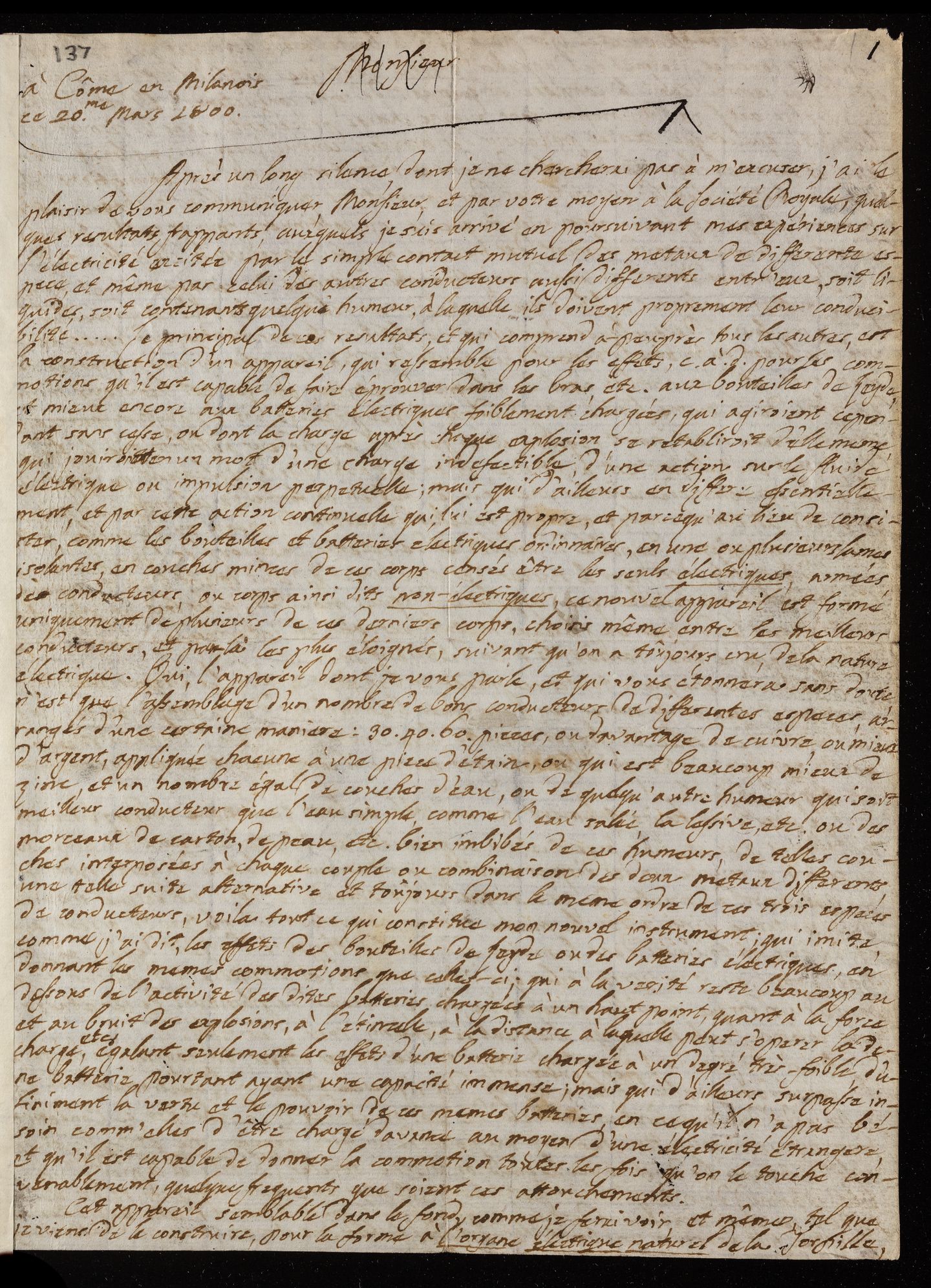 Letter, 'Account of electricity excied by contact and conducting ...