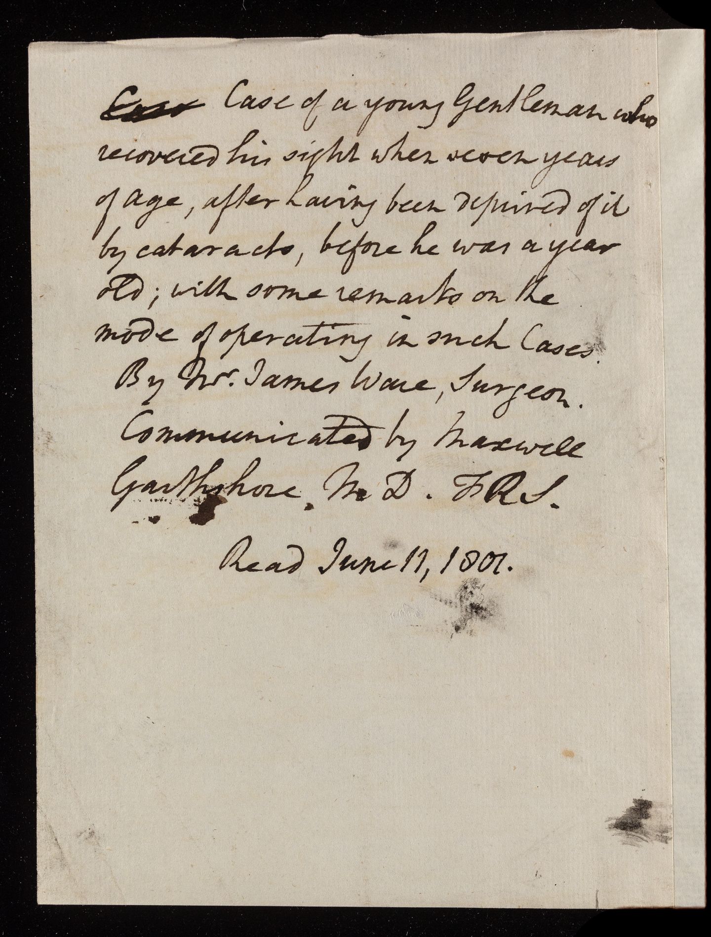 Paper, 'Recovery of sight at seven years of age' by James Ware | The ...