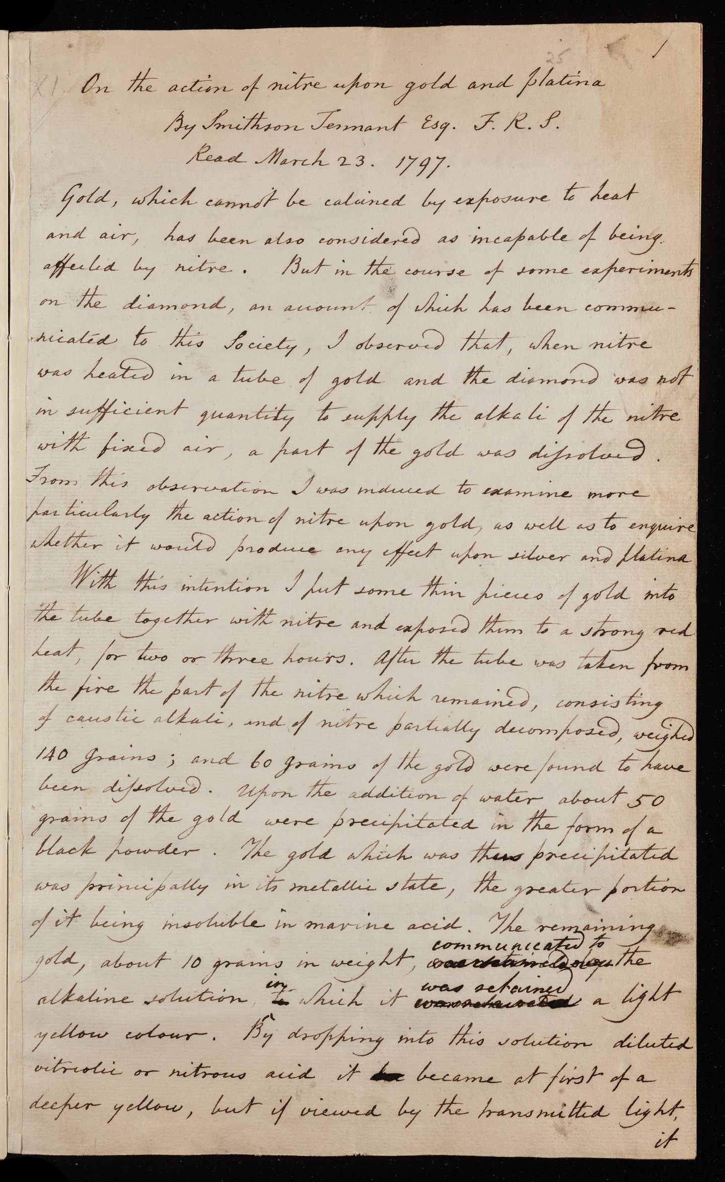 Paper, 'On the action of nitre upon gold and platina' by Smithson ...
