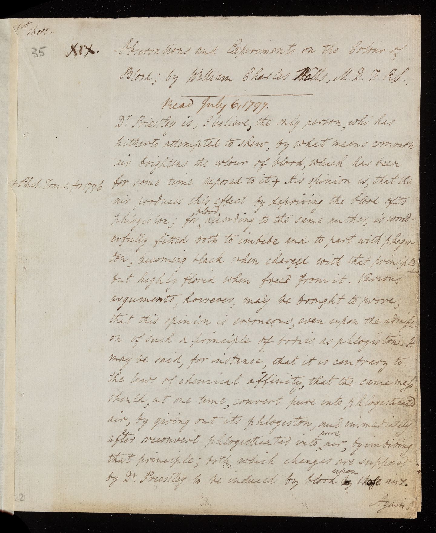 Paper, 'Observations and experiments on the colour of blood' by William ...