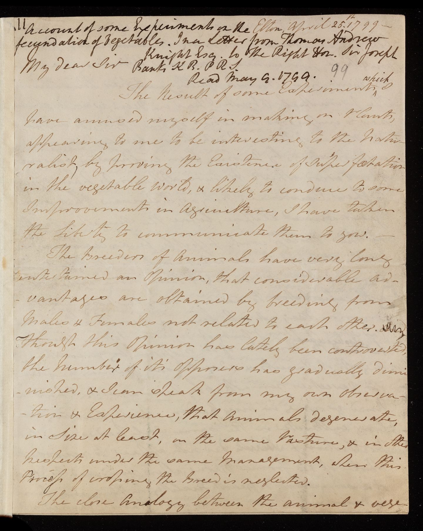 Paper, 'Account of some experiments on the fecundation of vegetables ...