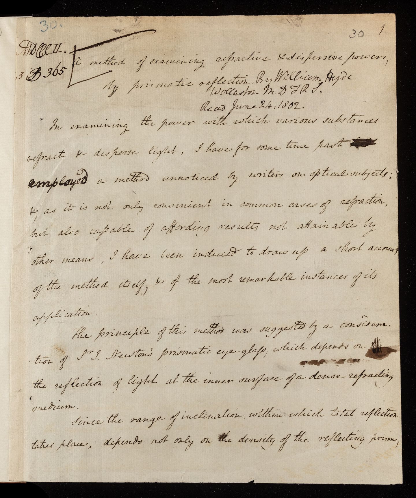 Paper, 'Method of examining refractive and dispersive powers by ...