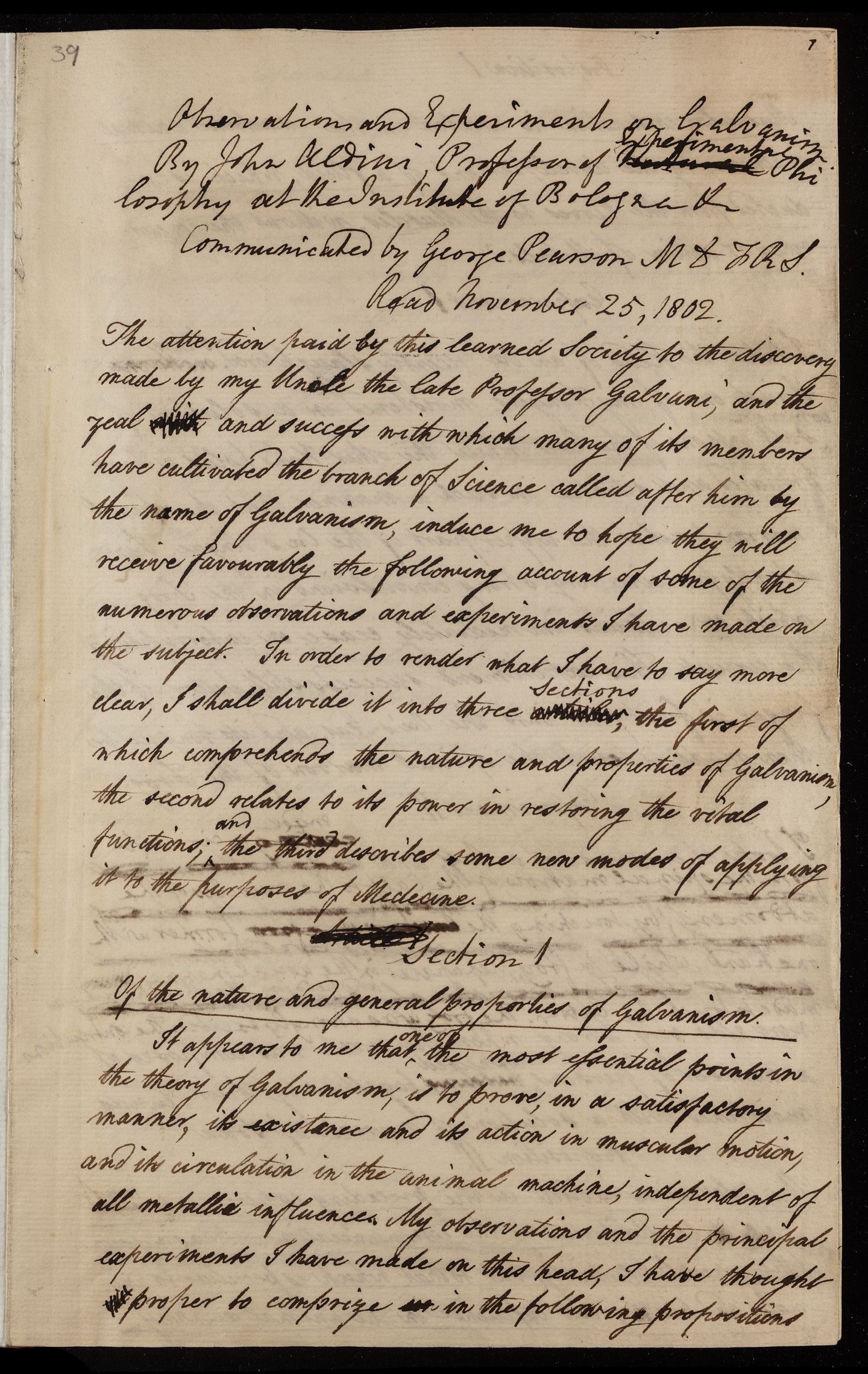 Paper, 'Observations and experiments on galvanism' by Giovanni Aldini ...