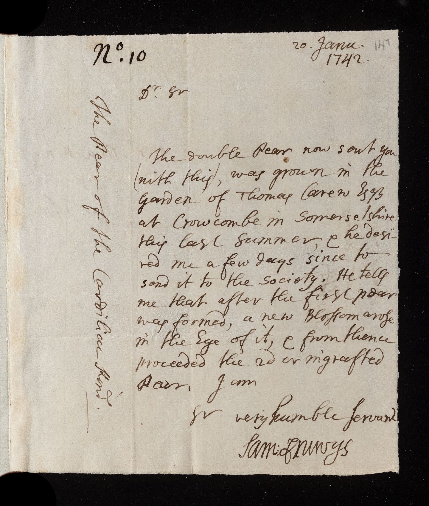 Letter, 'Of a double pear of the Carnelian kind' from Samuel Gruwy to ...