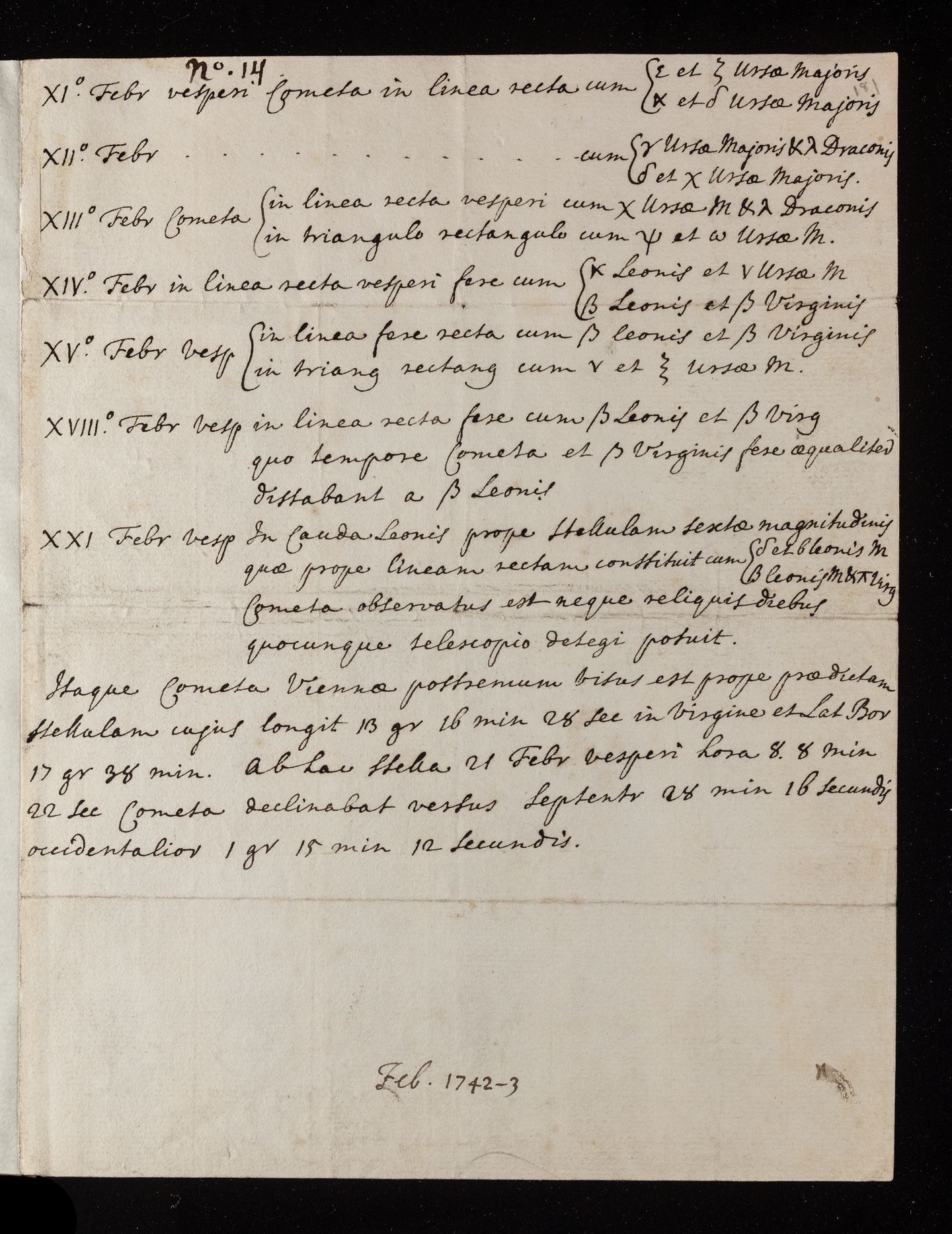 Paper, 'Of the comet observed at Vienna February 1743' by R P Frantz ...