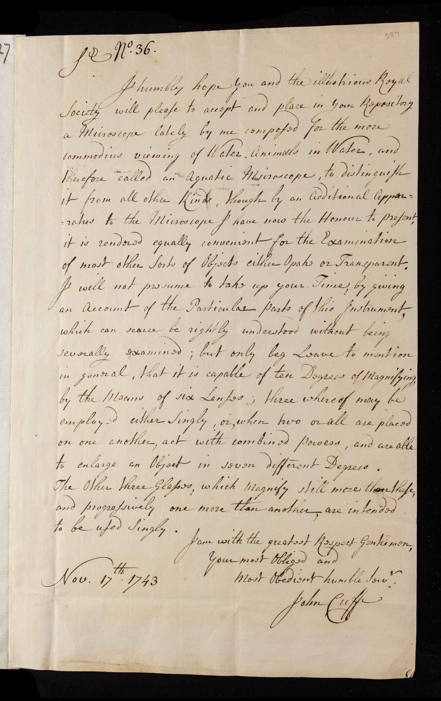 Letter, 'With the gift of a microscope for viewing water animals' from ...