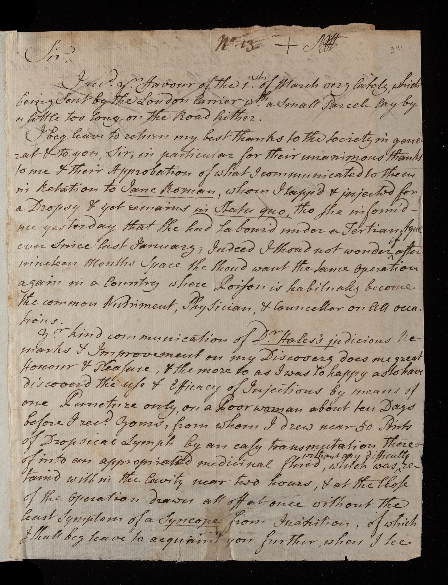 Letter, 'Of the injection of medicated liquors into the abdomen' from ...