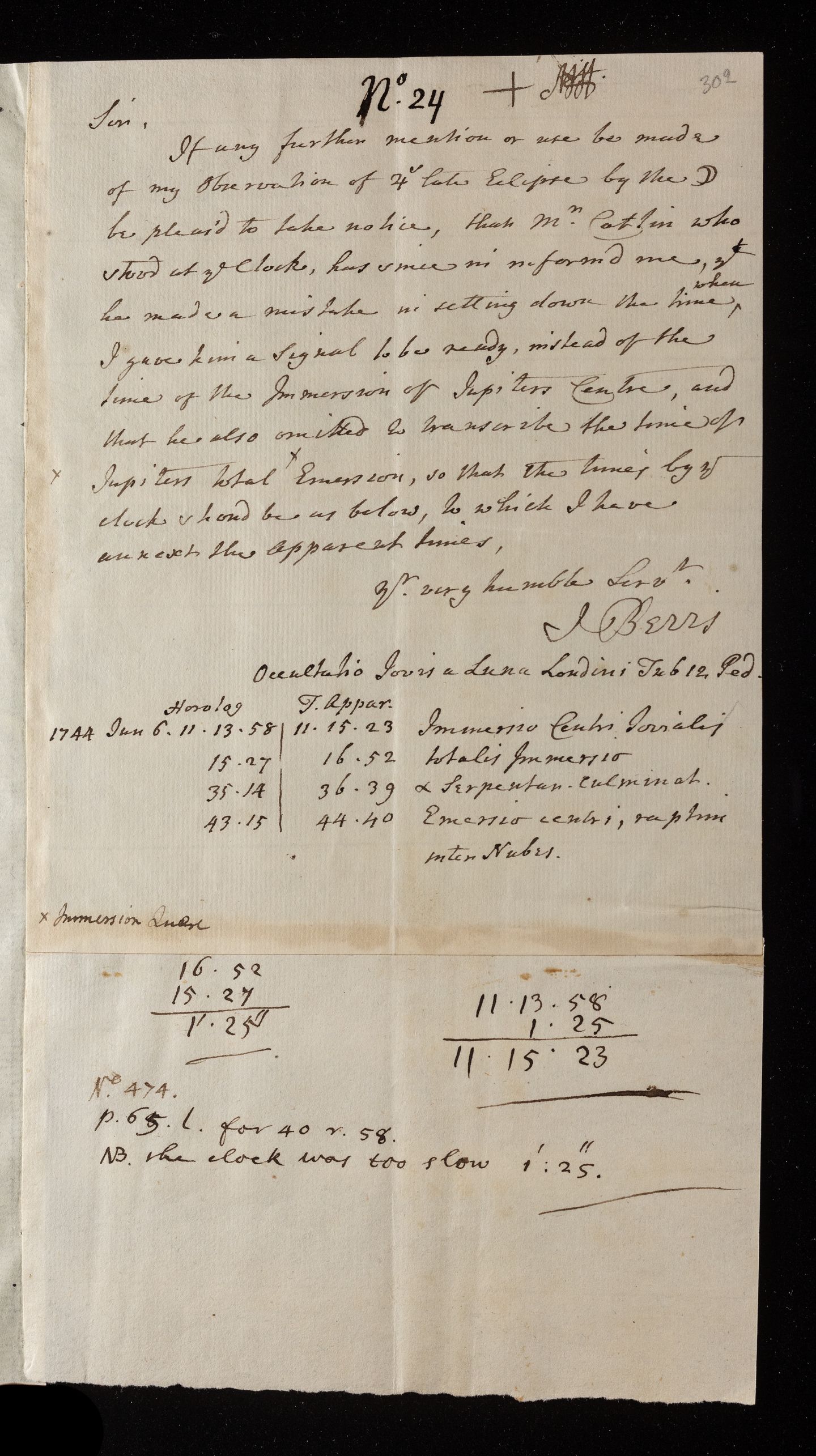 Letter, 'Occultation of Jupiter by the Moon' by John Bevis to the Royal ...