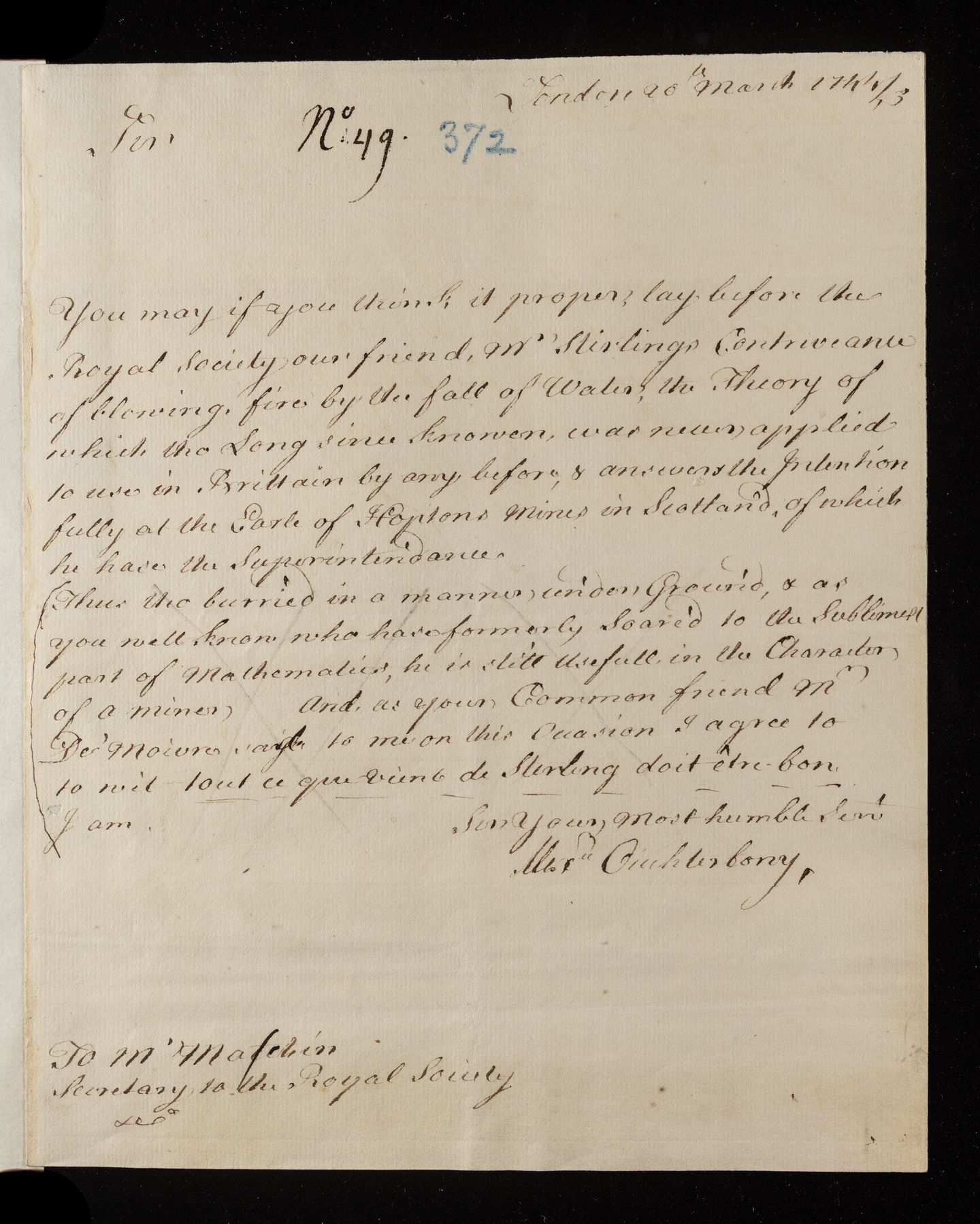 Letter, 'Of a contrivance for blowing a fire by falling water' from ...