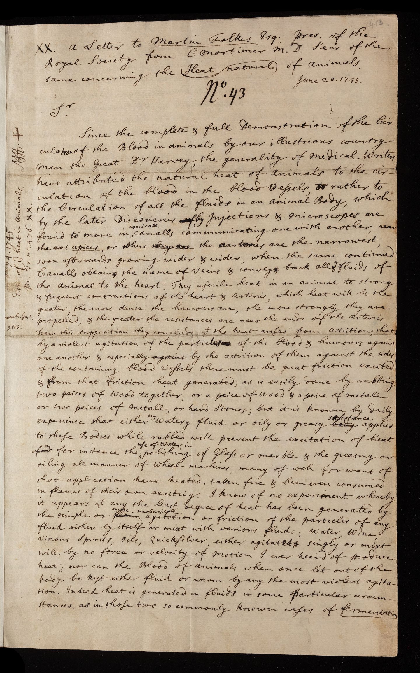 Letter, 'Of the heat in animals' from Cromwell Mortimer to Martin ...