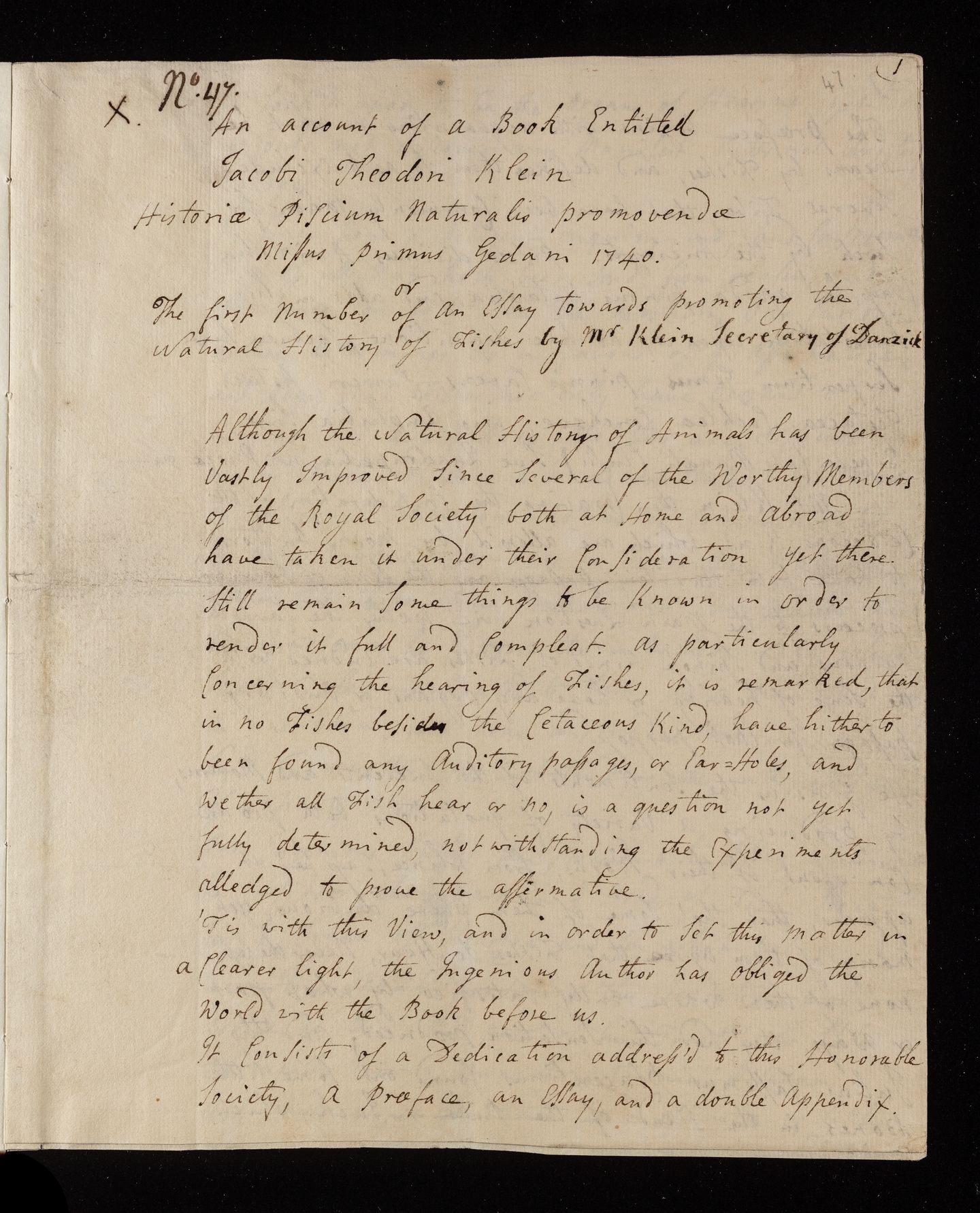 Paper, 'An account by Dr Eames of a book on the natural history of ...