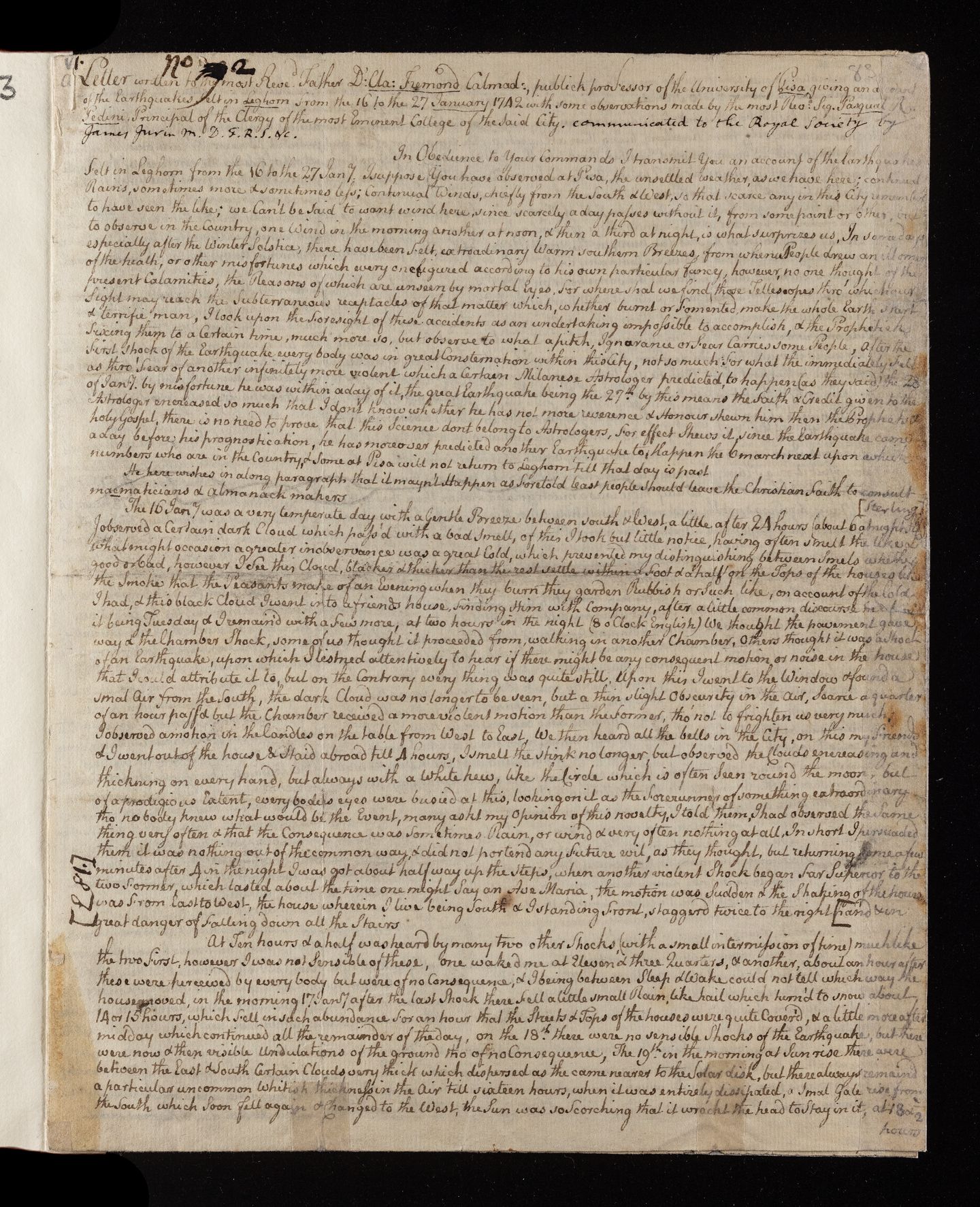 Letter, 'Of the earthquake at Leghorn from 16 to 27 January 1742' from ...