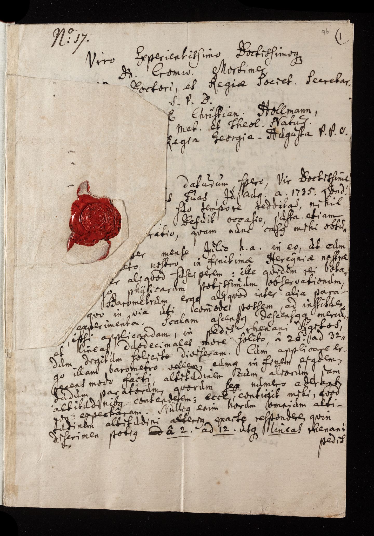 Letter, 'On barometers' from Samuel Christian Hollman to Cromell ...