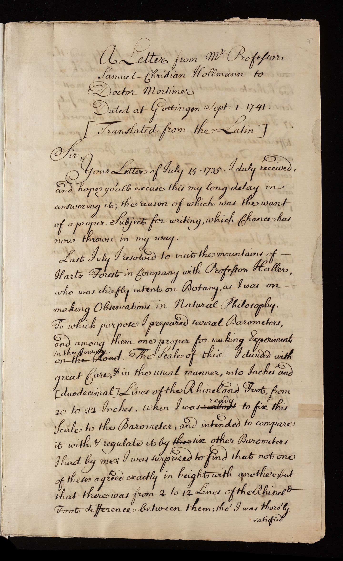 Letter, 'On barometers' [English translation] from Samuel Christian ...