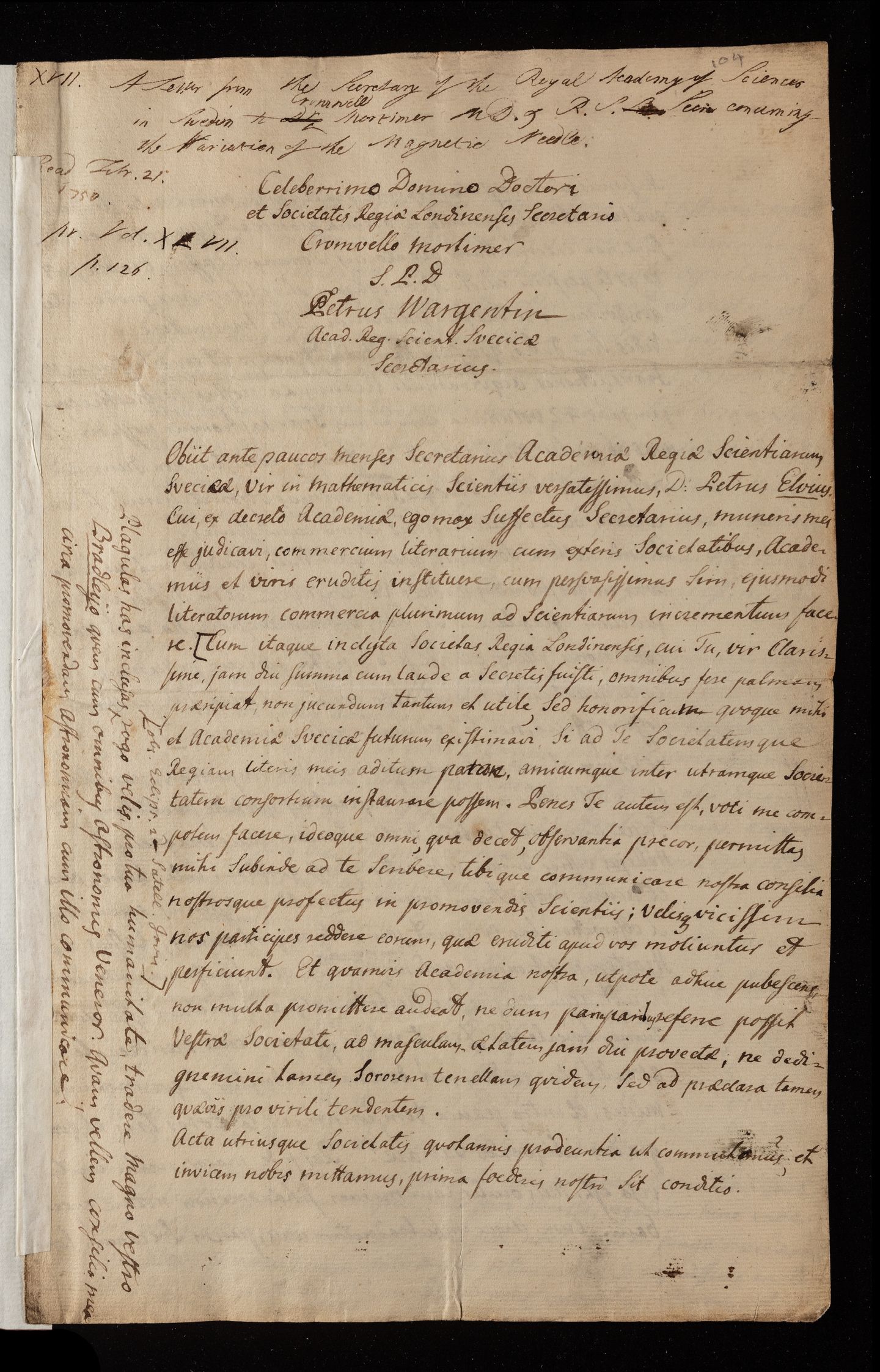 Letter, 'Of the variation of the magnetic needle' from Petrus Wargentin ...