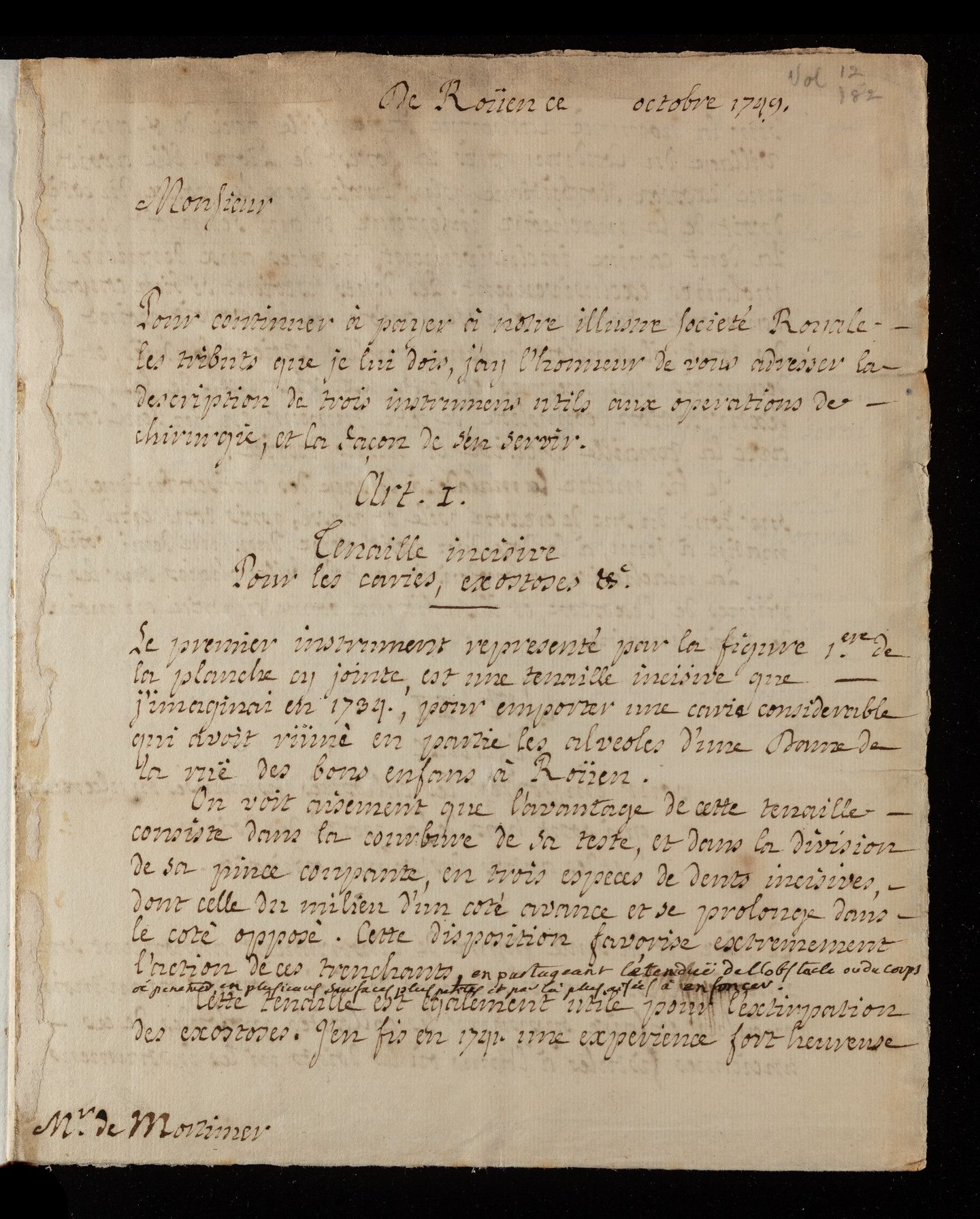 Letter, 'Of three new instruments' from Claude Nicholas Le Cat to ...